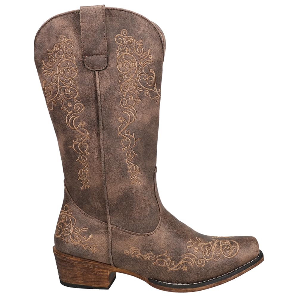 ROPER Womens Riley Scroll Embroidery Snip Toe Casual Boots Mid Calf Low Heel 1-2" - Brown - Size 7 M