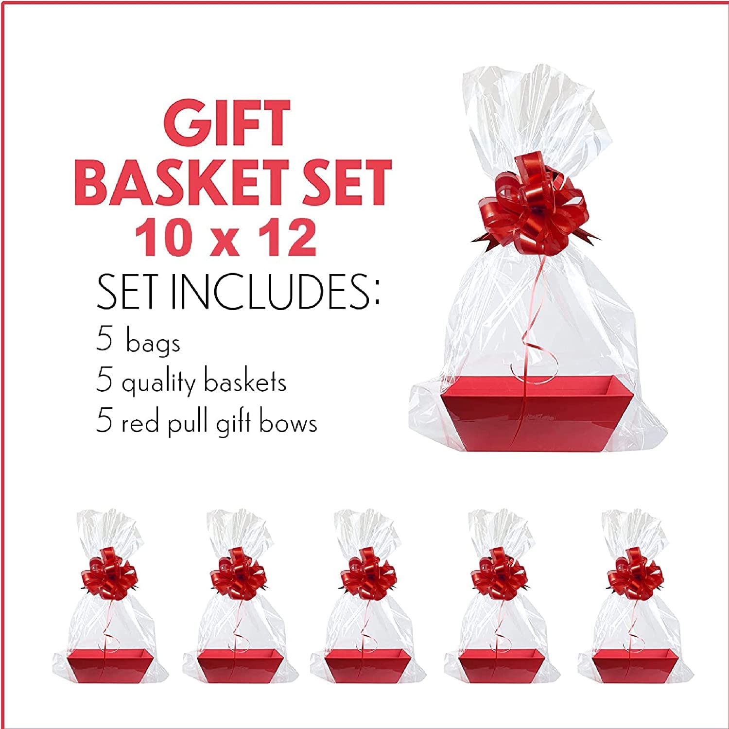 Upper Midland Products [5PK Large Red Baskets For Gifts Empty To Fill| Bulk Gift Basket Kit- 10x12” Big Red Basket | 5 Cellophane Bags | 5 Pack Red Pull Bows