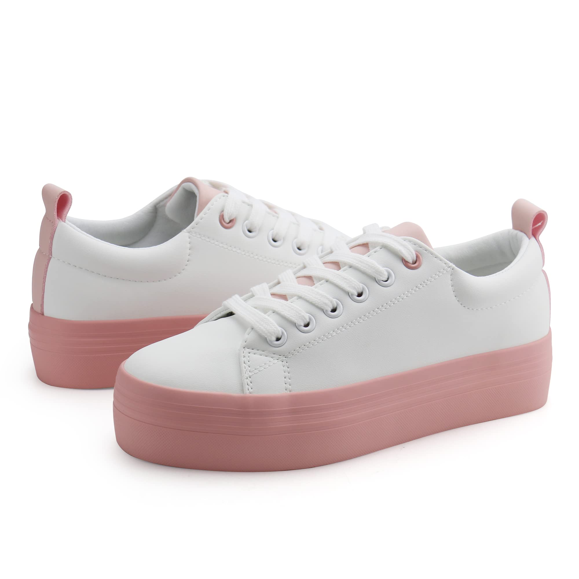 JABASIC Women Lace Up Platform Sneakers Comfortable Casual Fashion Sneaker Walking Shoes (6,White/Pink)