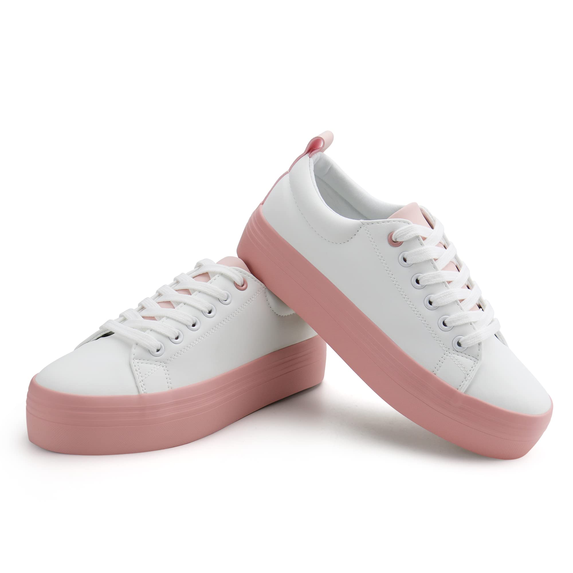 JABASIC Women Lace Up Platform Sneakers Comfortable Casual Fashion Sneaker Walking Shoes (6,White/Pink)