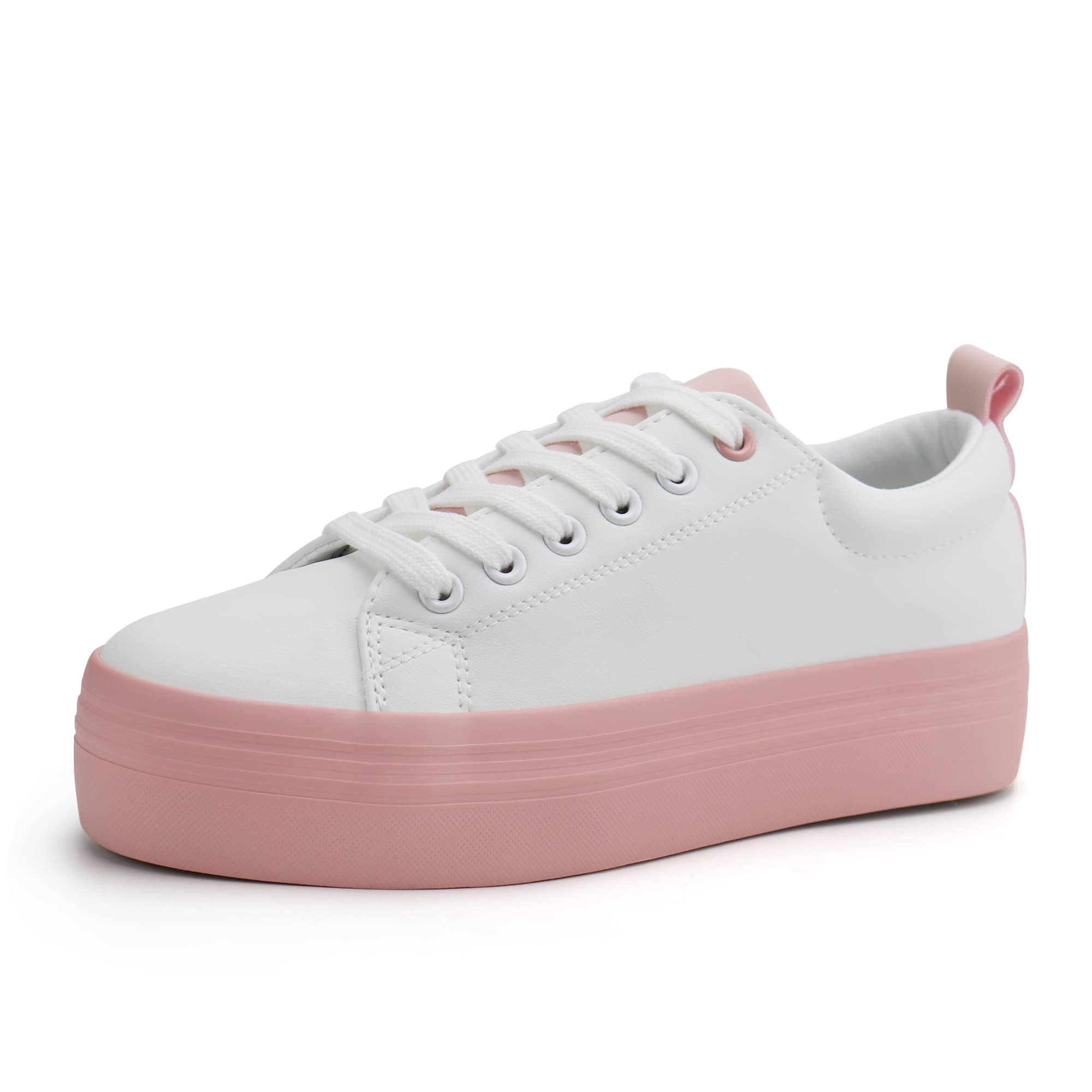 JABASIC Women Lace Up Platform Sneakers Comfortable Casual Fashion Sneaker Walking Shoes (6,White/Pink)