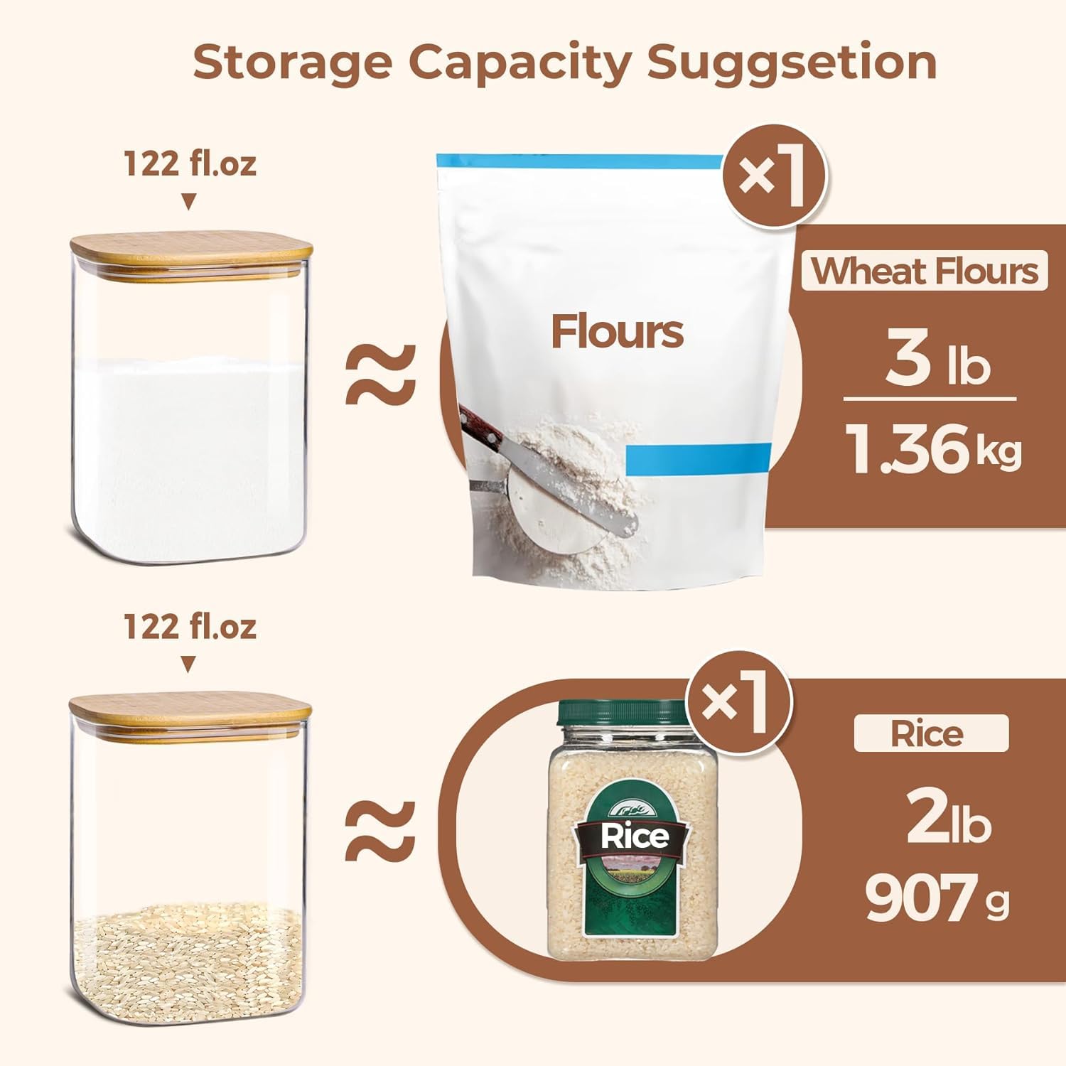 ComSaf 122 oz Glass Food Storage Containers, Cereal Storage Containers with Airtight Lids, Large Square Glass Jars with Bamboo Lids, for Rice, Pasta, Oats, Grains, Coffee Beans