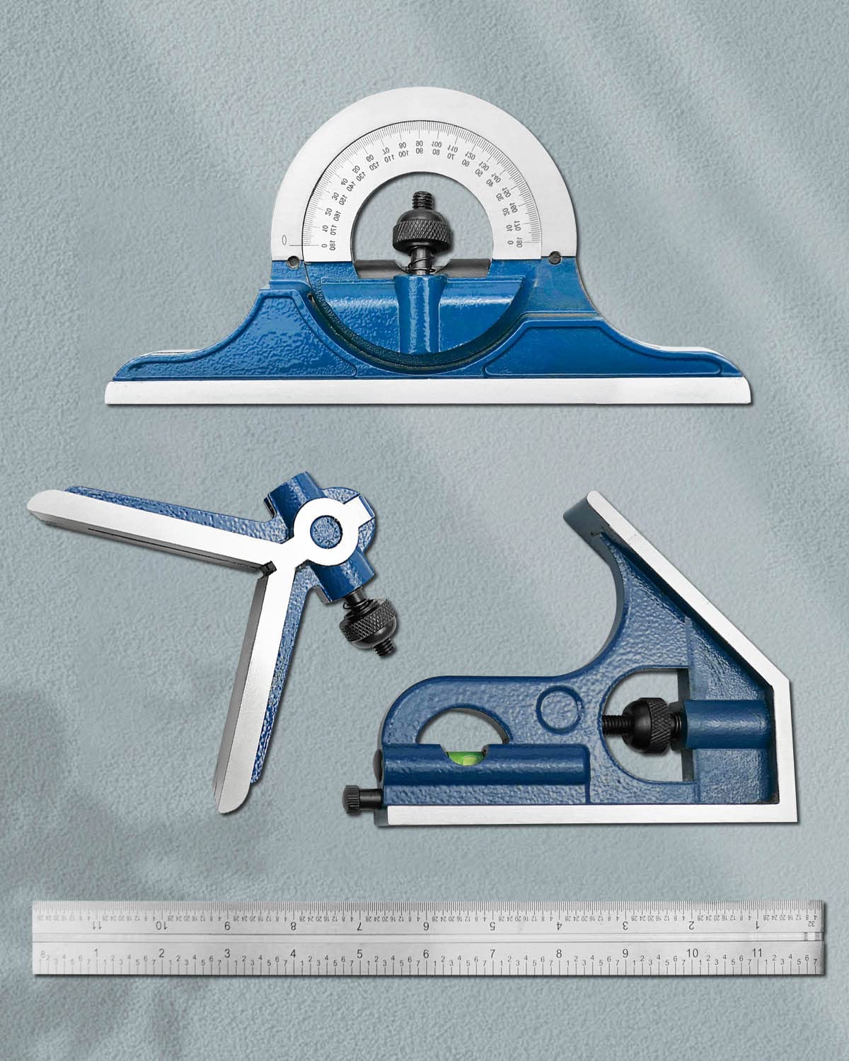 4PCS 12 Inch Combination Square Ruler Set Protractor Satin, 4-R Graduation, Ideal for Woodworking Metalworking Cabinets Joinery Steel Iron Case