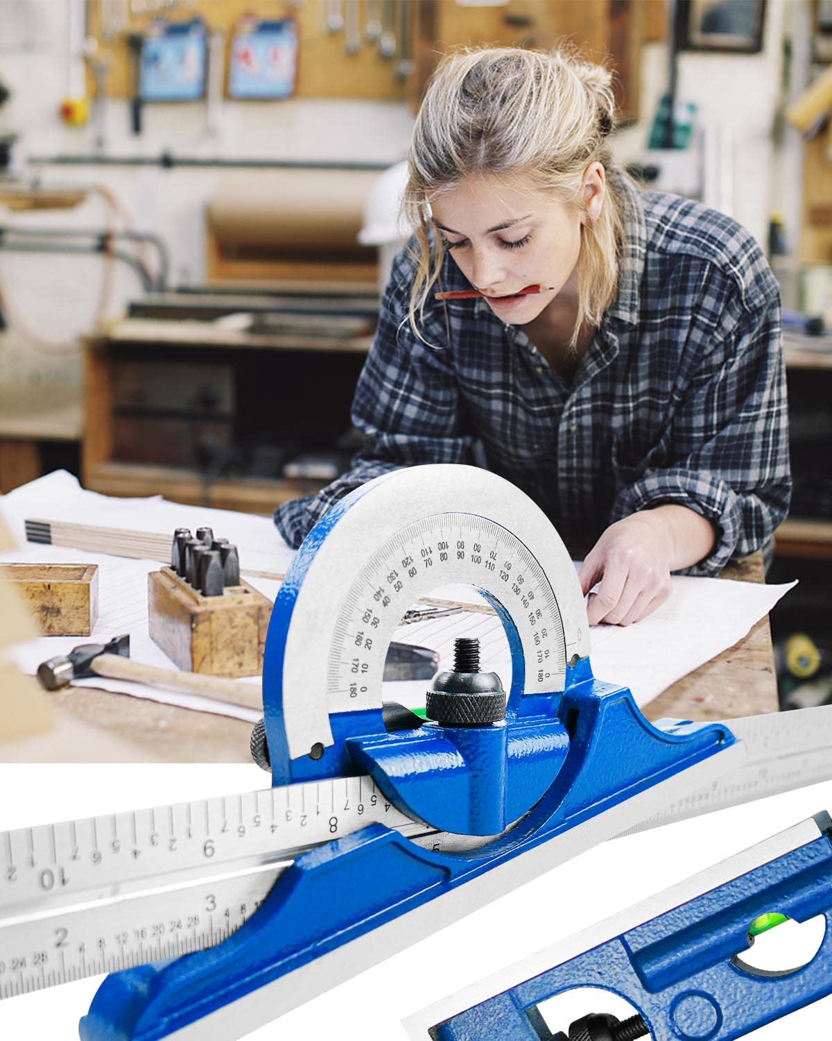 4PCS 12 Inch Combination Square Ruler Set Protractor Satin, 4-R Graduation, Ideal for Woodworking Metalworking Cabinets Joinery Steel Iron Case