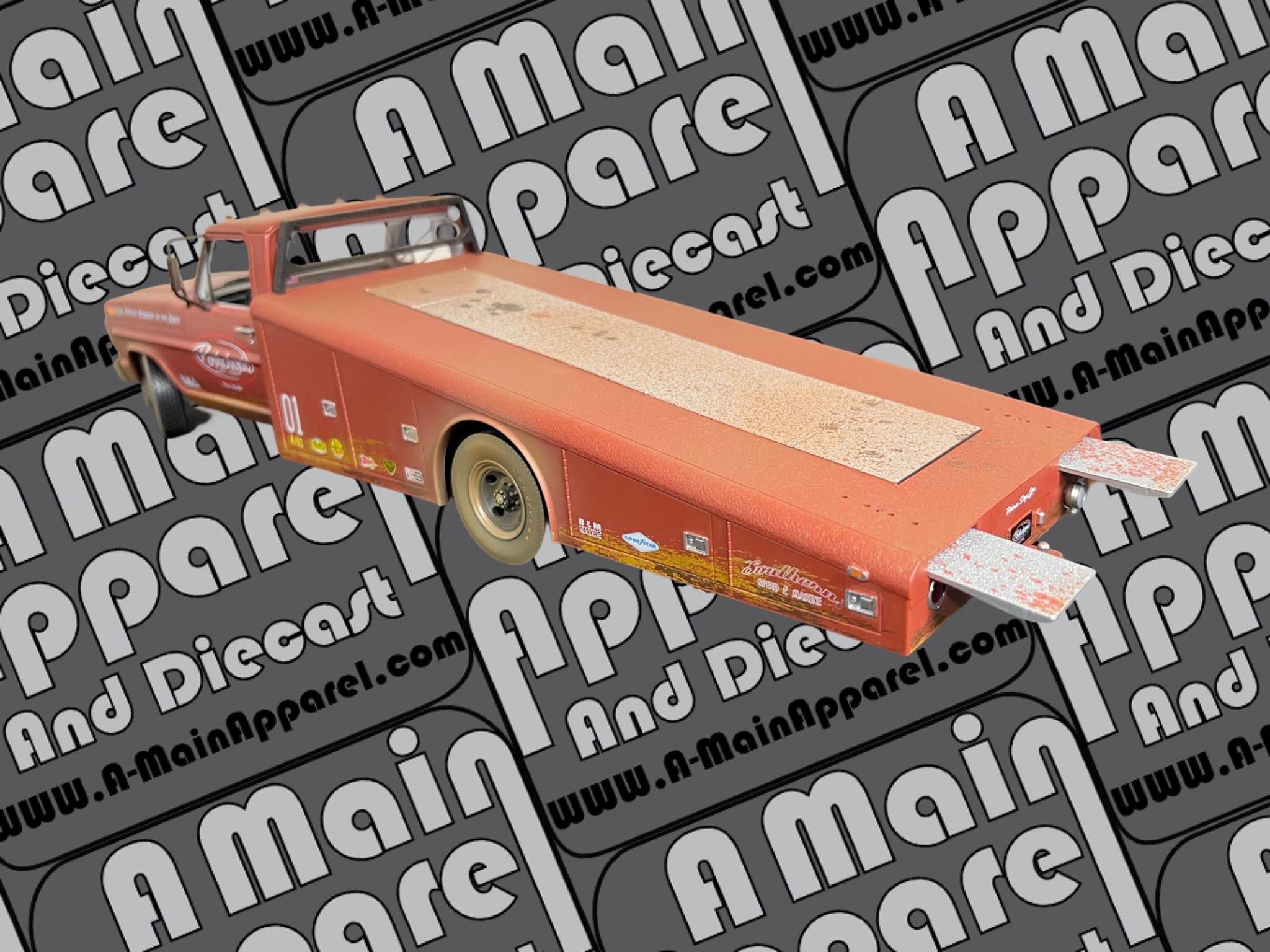1970 F-350 Ramp Truck Red Primer (Rusted) Porkchop's Chop Shop 1/18 Diecast Model by Acme A1801416