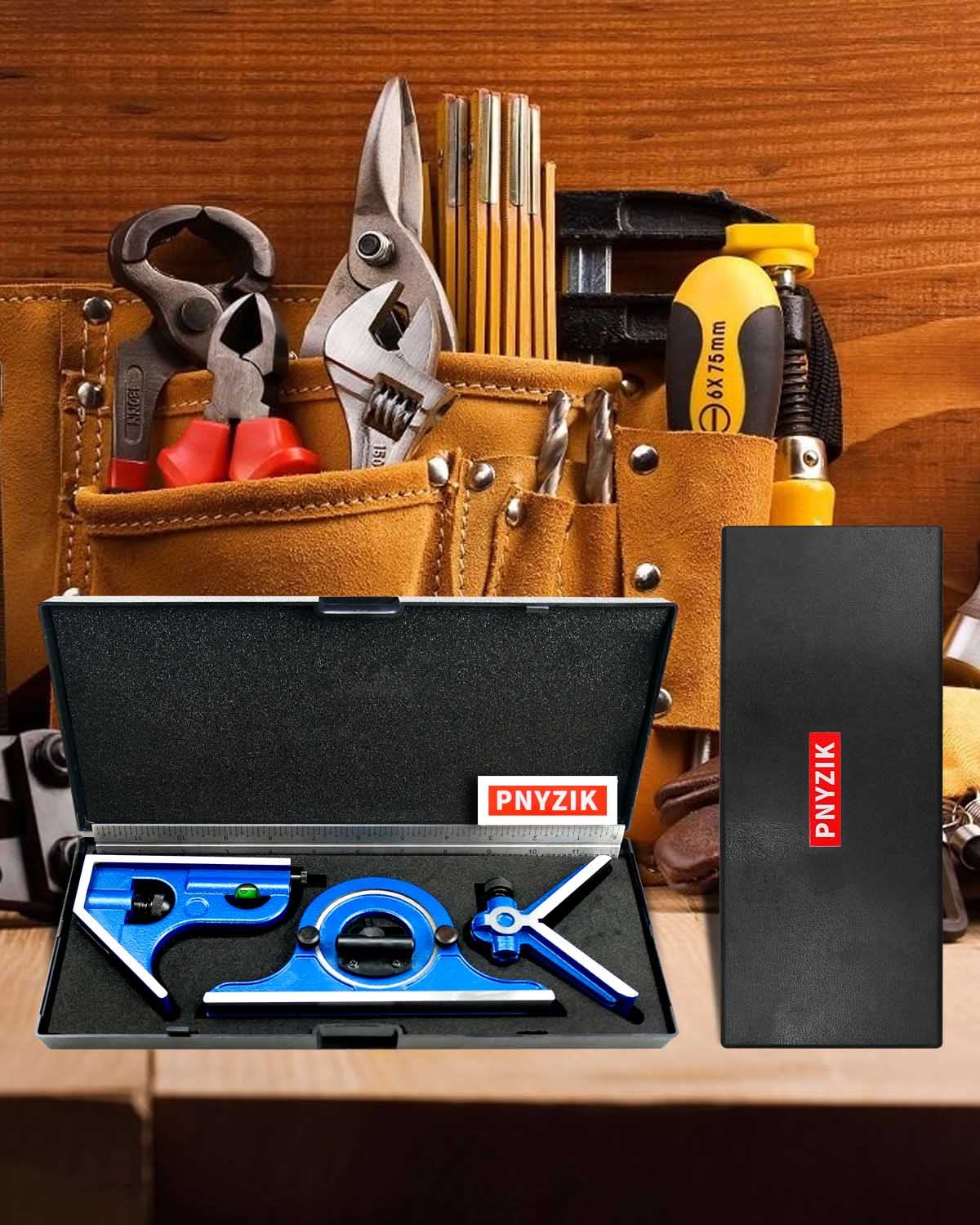 4PCS 12 Inch Combination Square Ruler Set Protractor Satin, 4-R Graduation, Ideal for Woodworking Metalworking Cabinets Joinery Steel Iron Case