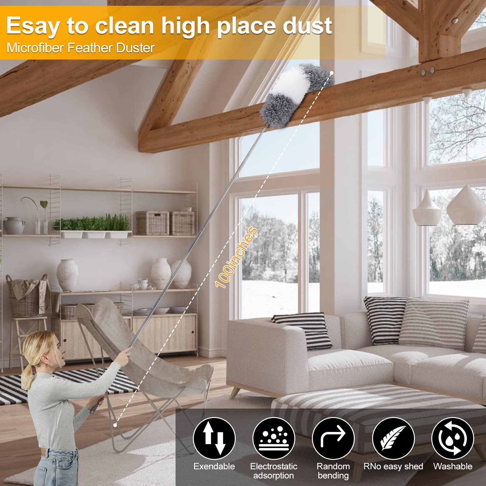 DEEHYO Microfiber Duster, 9PCS Extendable Feather Duster (Stainless Steel) 30 to 100 Inches, Reusable Bendable Dusters, Washable Dusters for Cleaning Ceiling Fan, High Ceiling, Blinds, Furniture, Cars