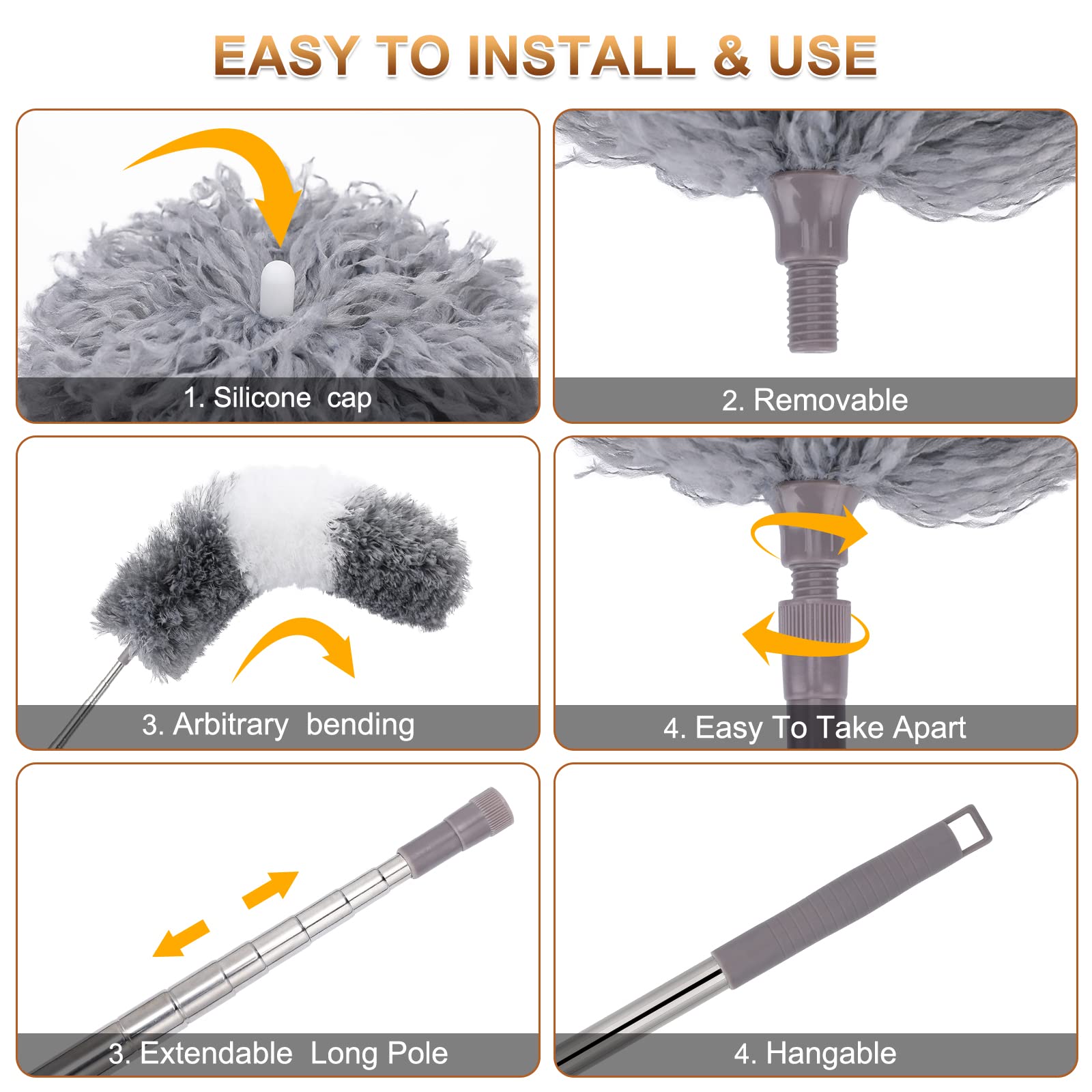 DEEHYO Microfiber Duster, 9PCS Extendable Feather Duster (Stainless Steel) 30 to 100 Inches, Reusable Bendable Dusters, Washable Dusters for Cleaning Ceiling Fan, High Ceiling, Blinds, Furniture, Cars