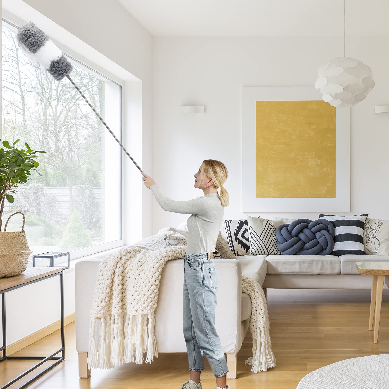 DEEHYO Microfiber Duster, 9PCS Extendable Feather Duster (Stainless Steel) 30 to 100 Inches, Reusable Bendable Dusters, Washable Dusters for Cleaning Ceiling Fan, High Ceiling, Blinds, Furniture, Cars