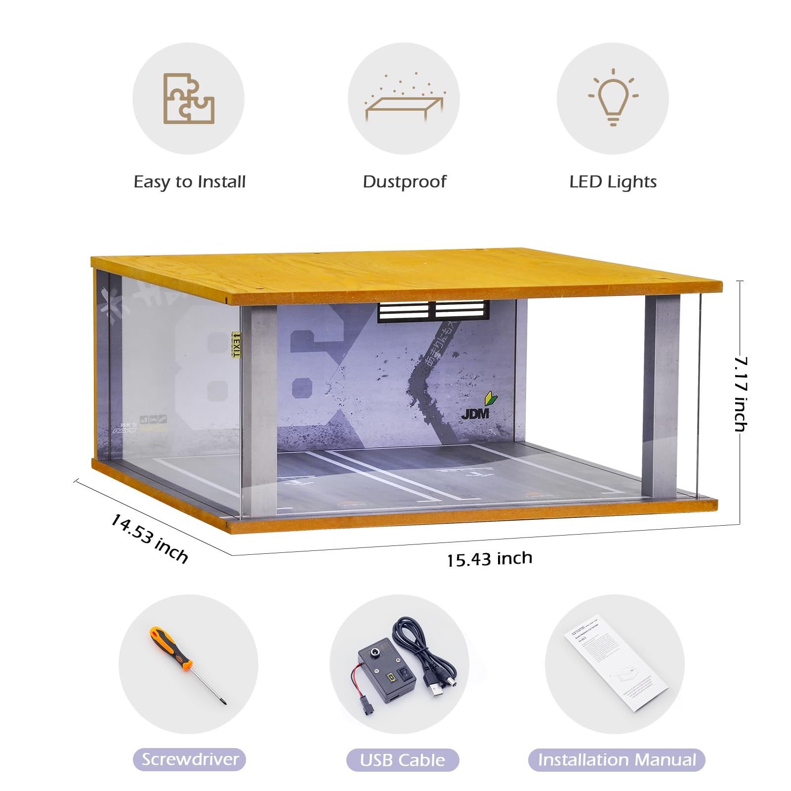 cxiiuui 1/18 Scale Display Case Car Garage Moldel with LED Light and Acrylic Cover Wooden Diecast Car Show Case 2 Parking Spaces Grey