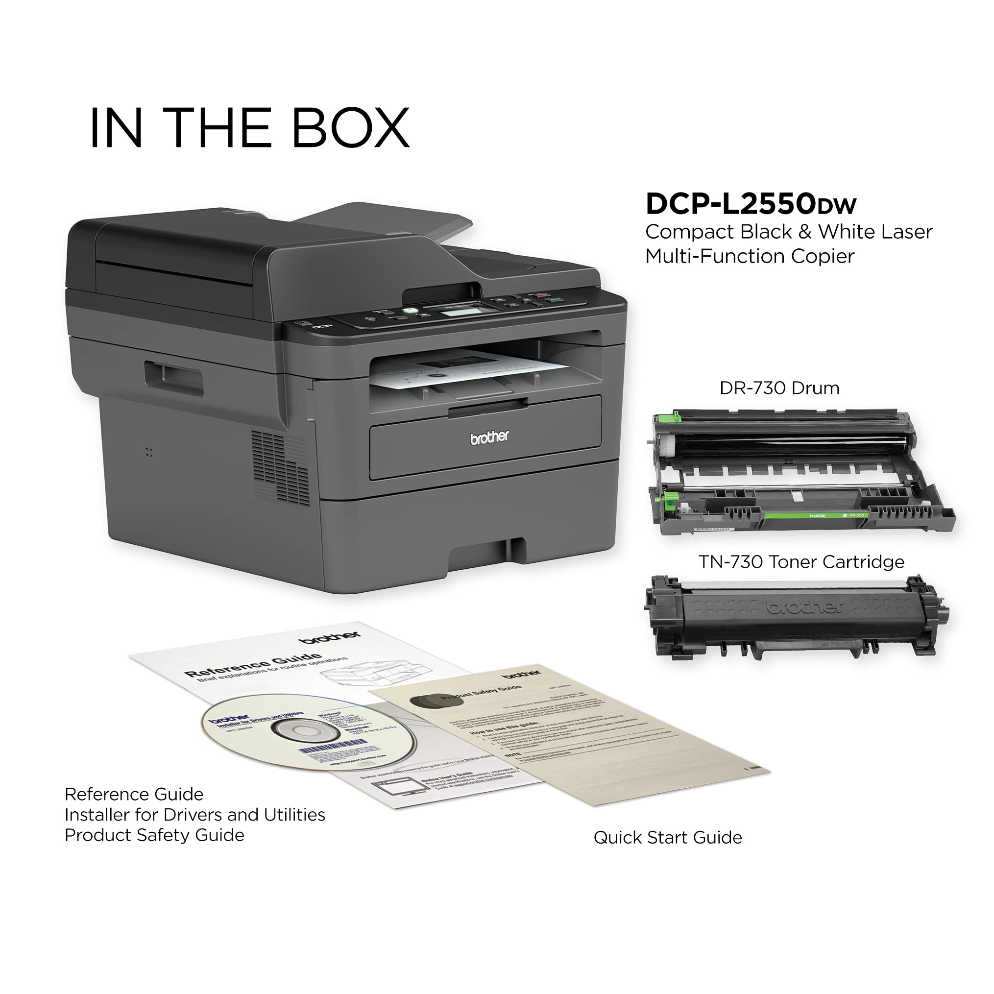 Brother DCP-L2550DWB All-in-One Wireless Monochrome Laser Printer - Print Scan Copy - 2400 x 600 dpi, 36 ppm, 128MB Memory, 250-Sheet, 50-Sheet ADF, Automatic Duplex Printing, CBMOUN Printer Cable