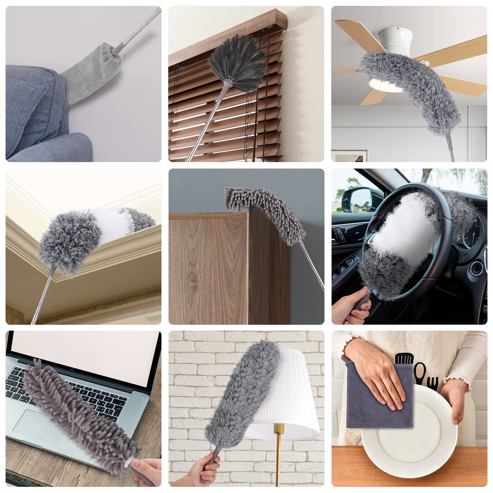 DEEHYO Microfiber Duster, 9PCS Extendable Feather Duster (Stainless Steel) 30 to 100 Inches, Reusable Bendable Dusters, Washable Dusters for Cleaning Ceiling Fan, High Ceiling, Blinds, Furniture, Cars