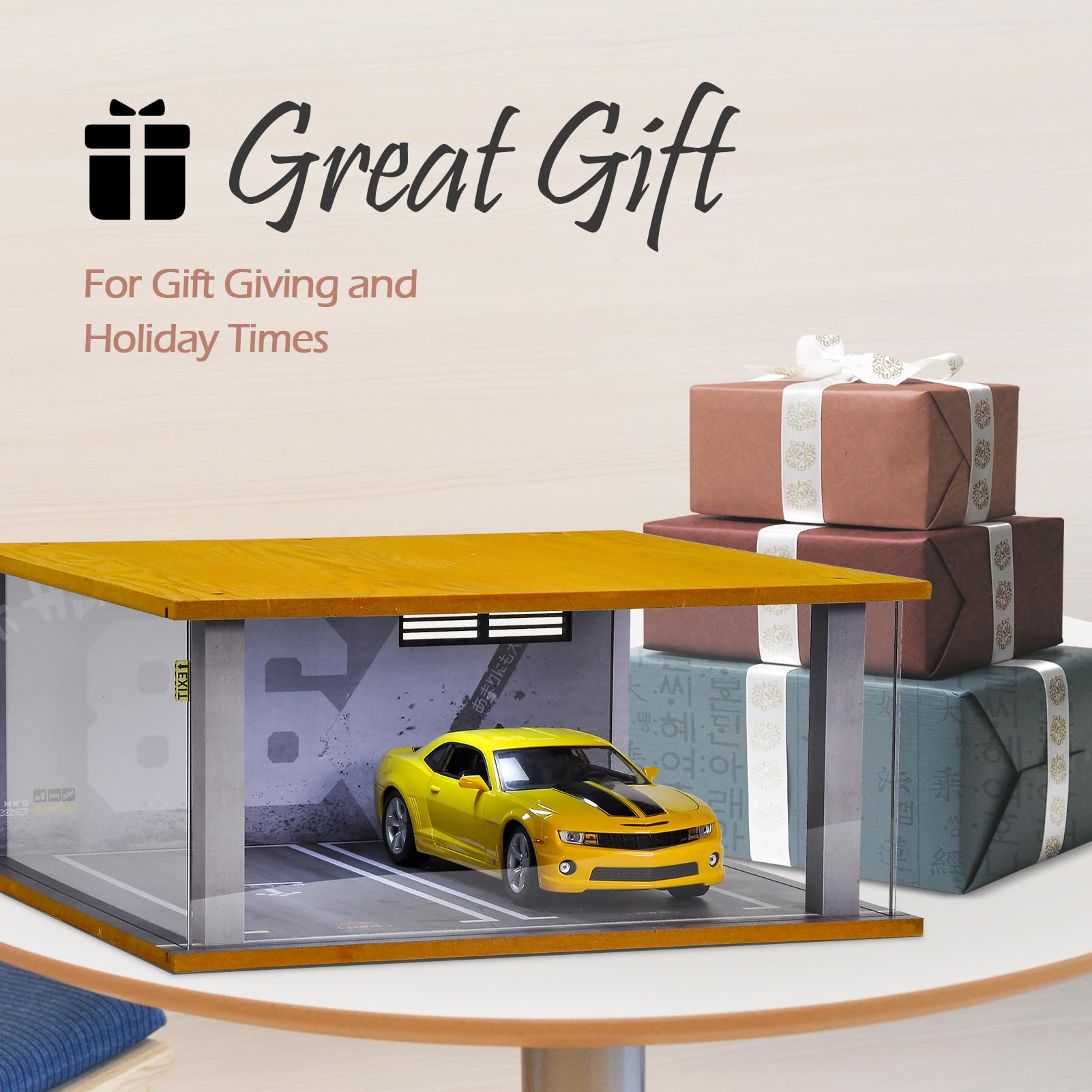 cxiiuui 1/18 Scale Display Case Car Garage Moldel with LED Light and Acrylic Cover Wooden Diecast Car Show Case 2 Parking Spaces Grey