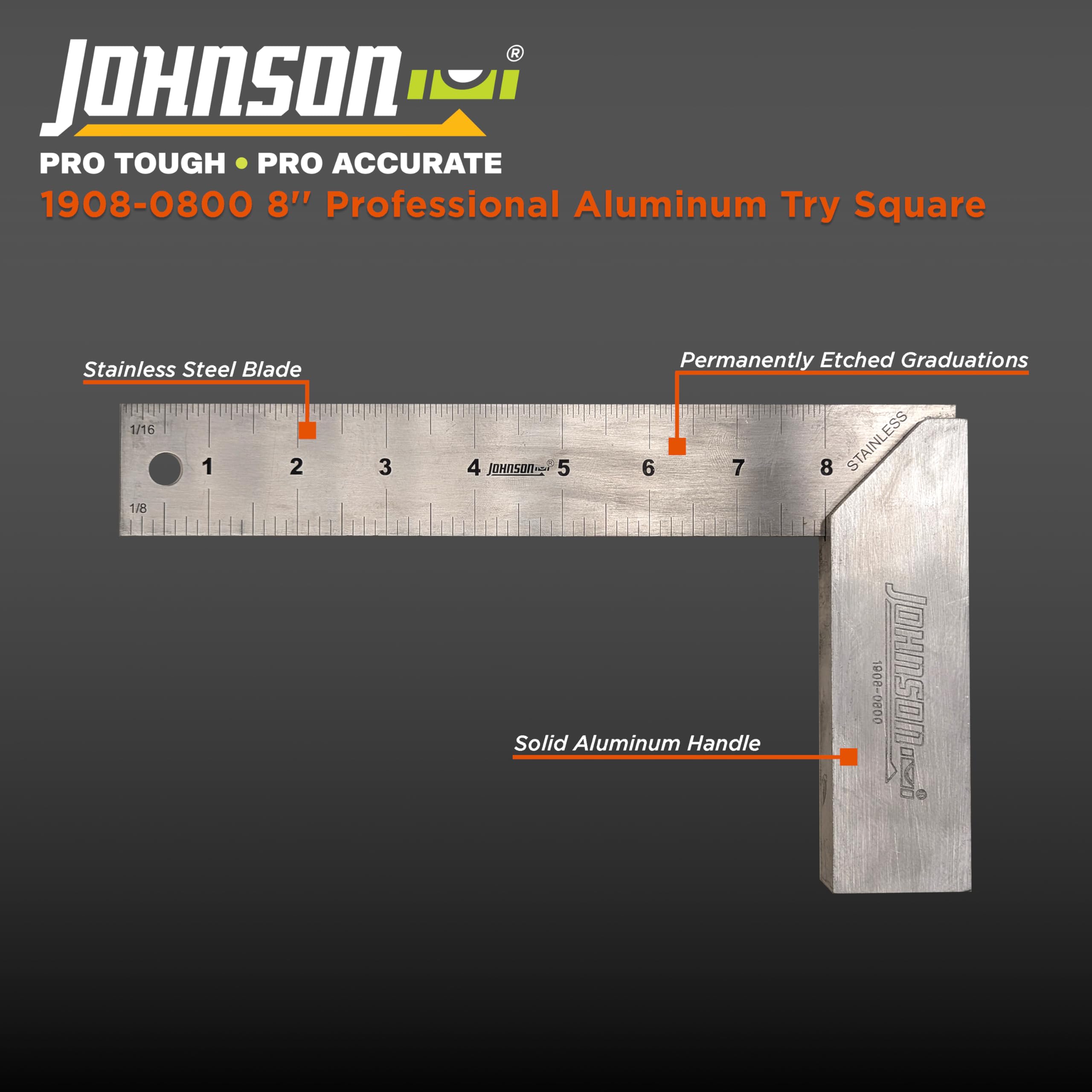Johnson Level & Tool 1908-0800 Professional Aluminum Try Square, 8", Silver, 1 Square