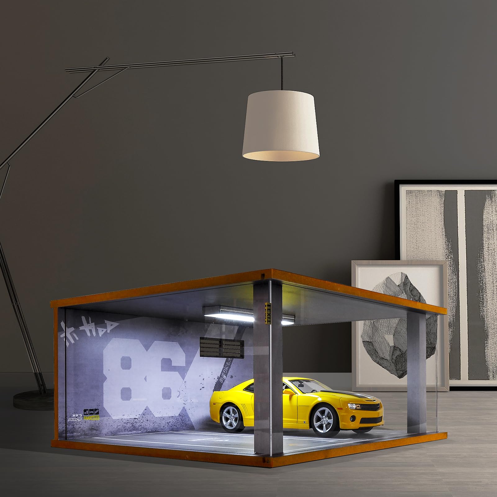 cxiiuui 1/18 Scale Display Case Car Garage Moldel with LED Light and Acrylic Cover Wooden Diecast Car Show Case 2 Parking Spaces Grey