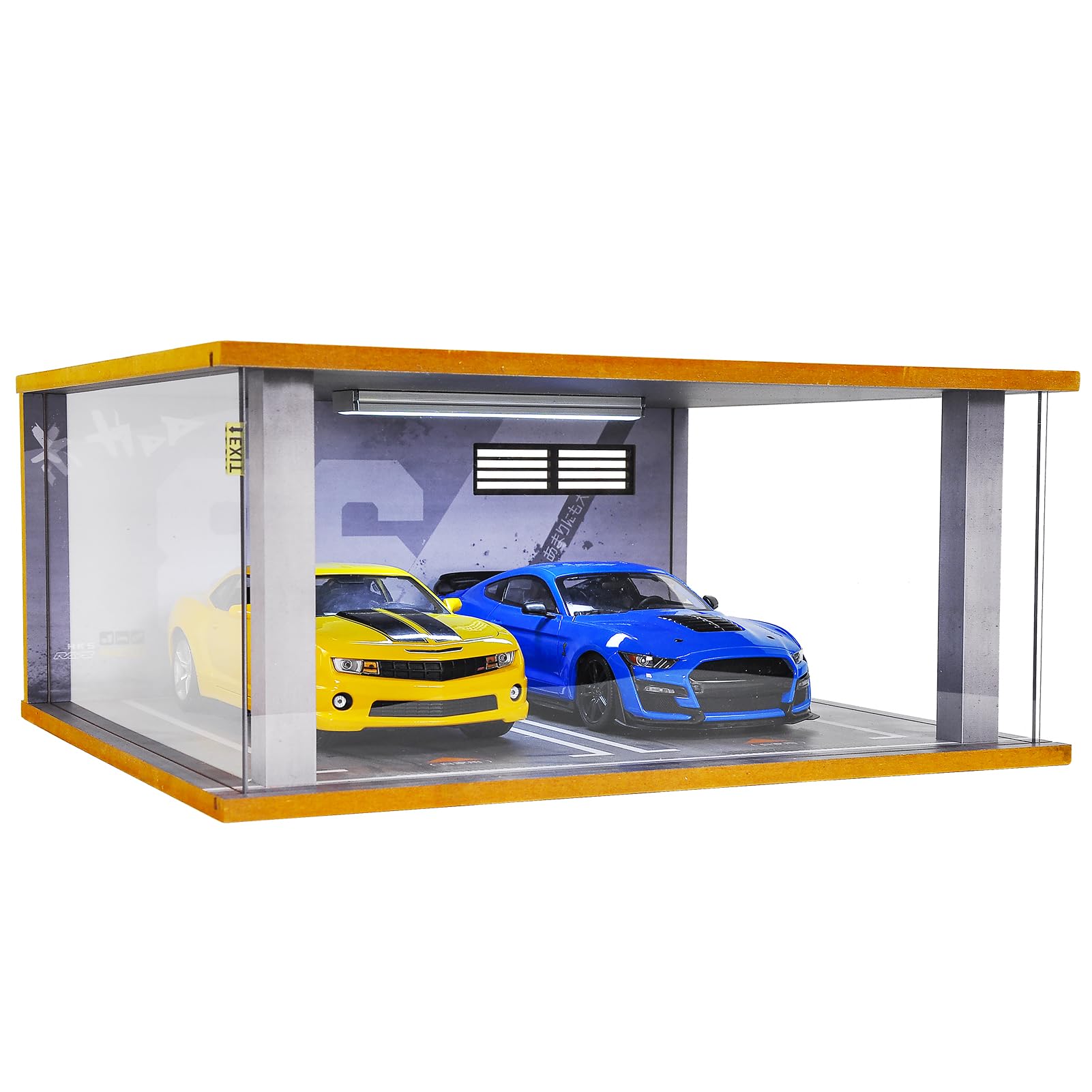 cxiiuui 1/18 Scale Display Case Car Garage Moldel with LED Light and Acrylic Cover Wooden Diecast Car Show Case 2 Parking Spaces Grey