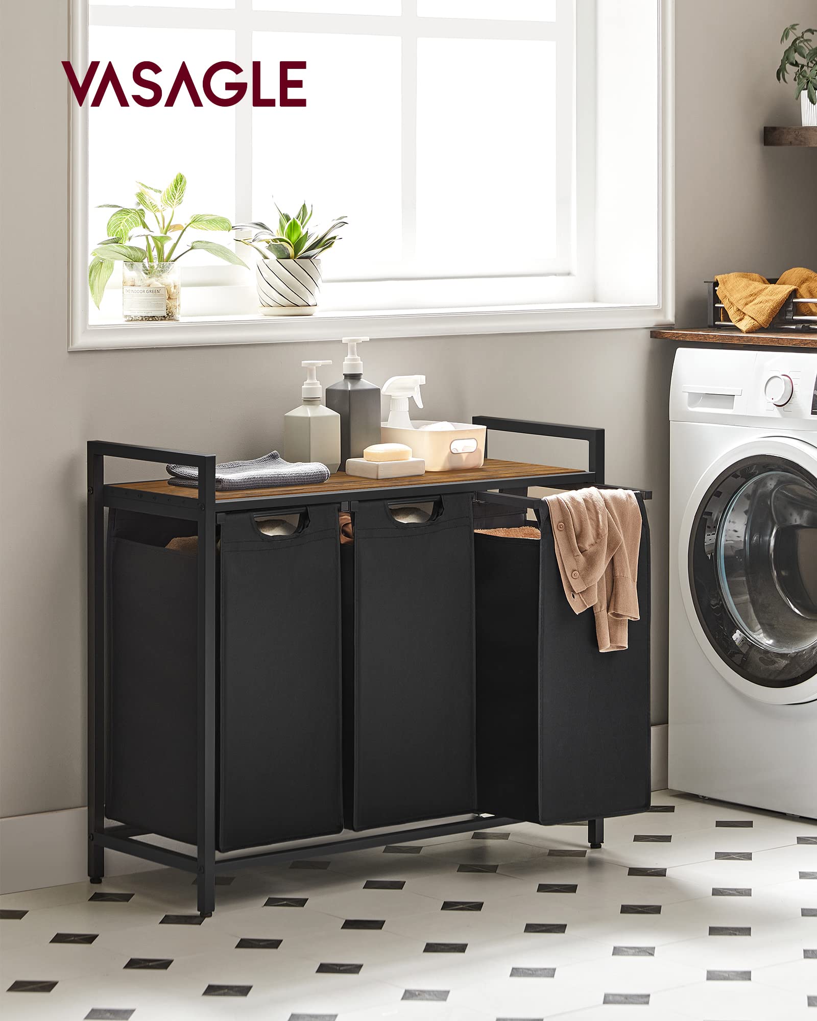 VASAGLE Laundry Hamper, Laundry Basket, 3 × 38L Laundry Sorter with 3 Bags, 1 Storage Shelf, Rustic Brown and Black UBLH301B01