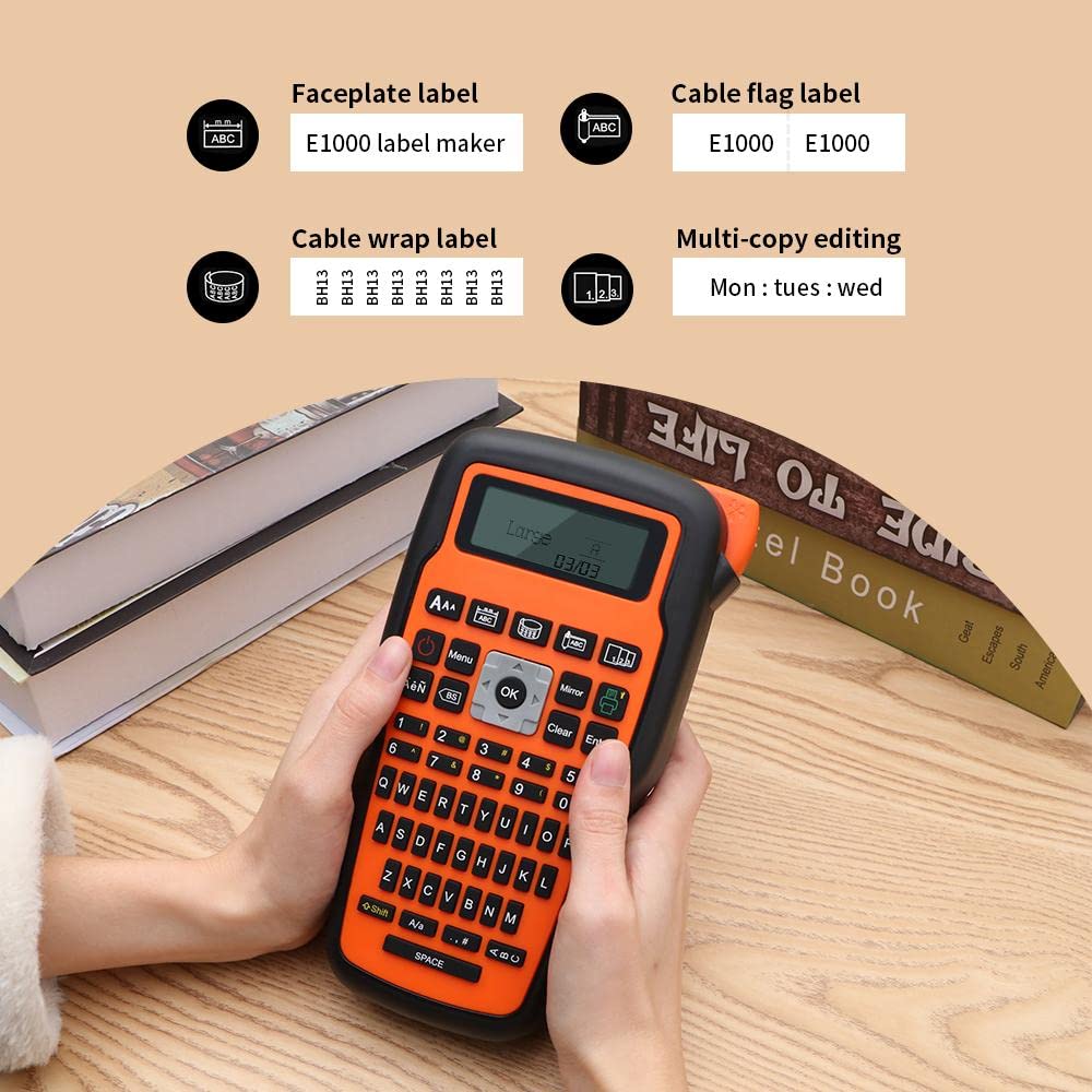 MarkDomain Label Maker Machine E1000Portable Handheld Cable Labeler Machine with AC Adapter, QWERTY Keyboard, One-Touch Keys, Easy to use for Home Office & Industrial Labeling Jobs, Orange