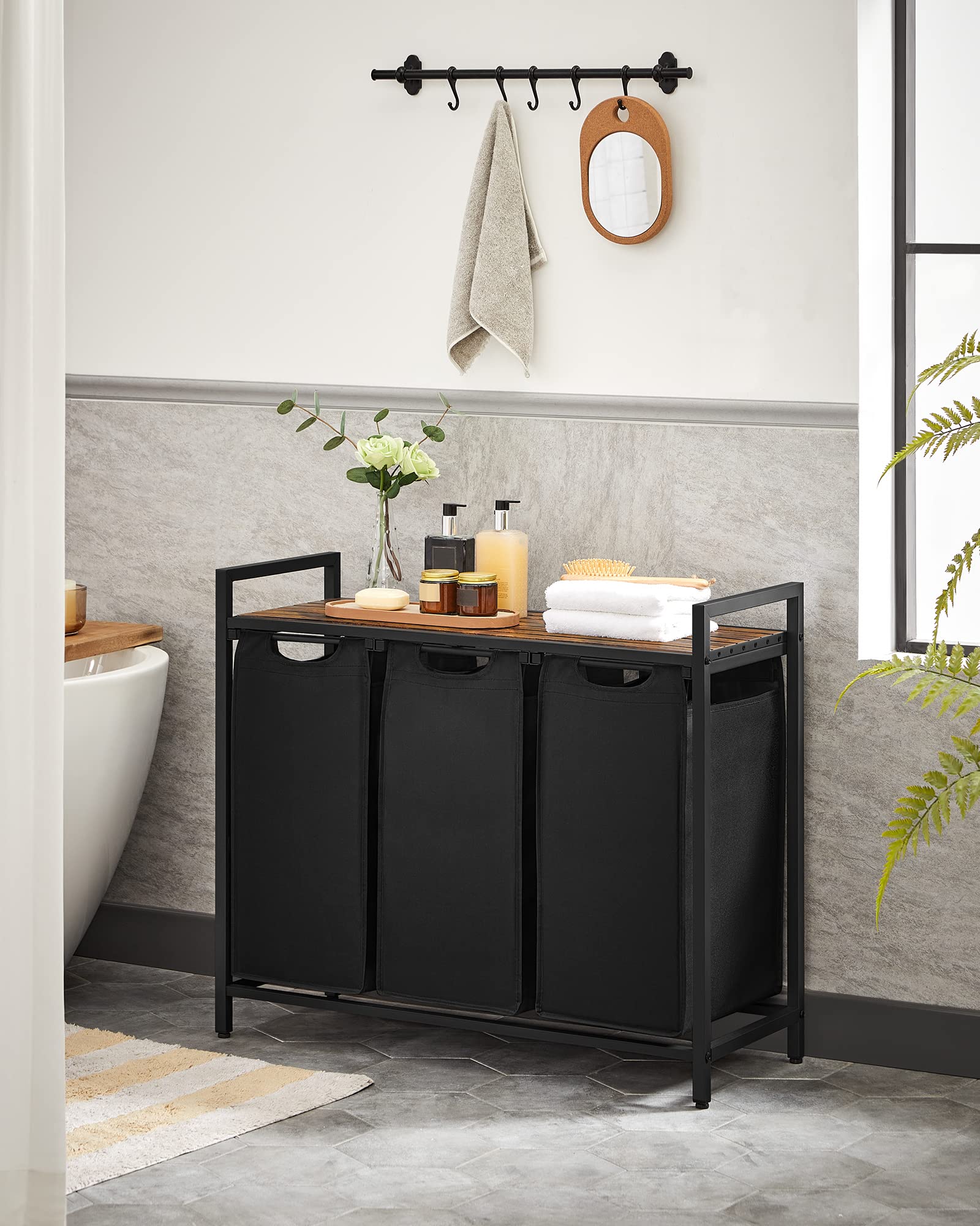VASAGLE Laundry Hamper, Laundry Basket, 3 × 38L Laundry Sorter with 3 Bags, 1 Storage Shelf, Rustic Brown and Black UBLH301B01