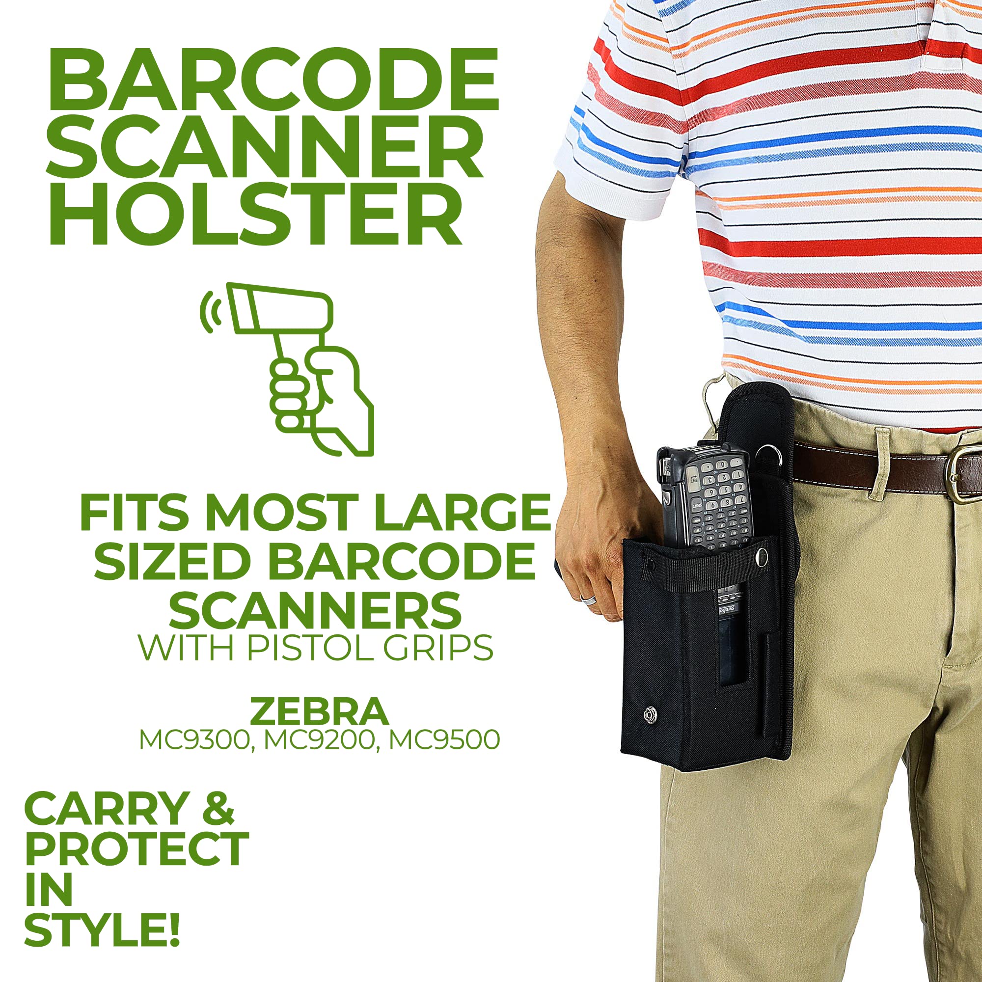 e-Holster Barcode Scanner Holster (Large), Ballistic Nylon Carrying Case Pouch for Pistol-Grip Mobile Computers, with Belt Clip, Belt Loop, Shoulder Strap, for Zebra MC9300, MC9200, MC9500