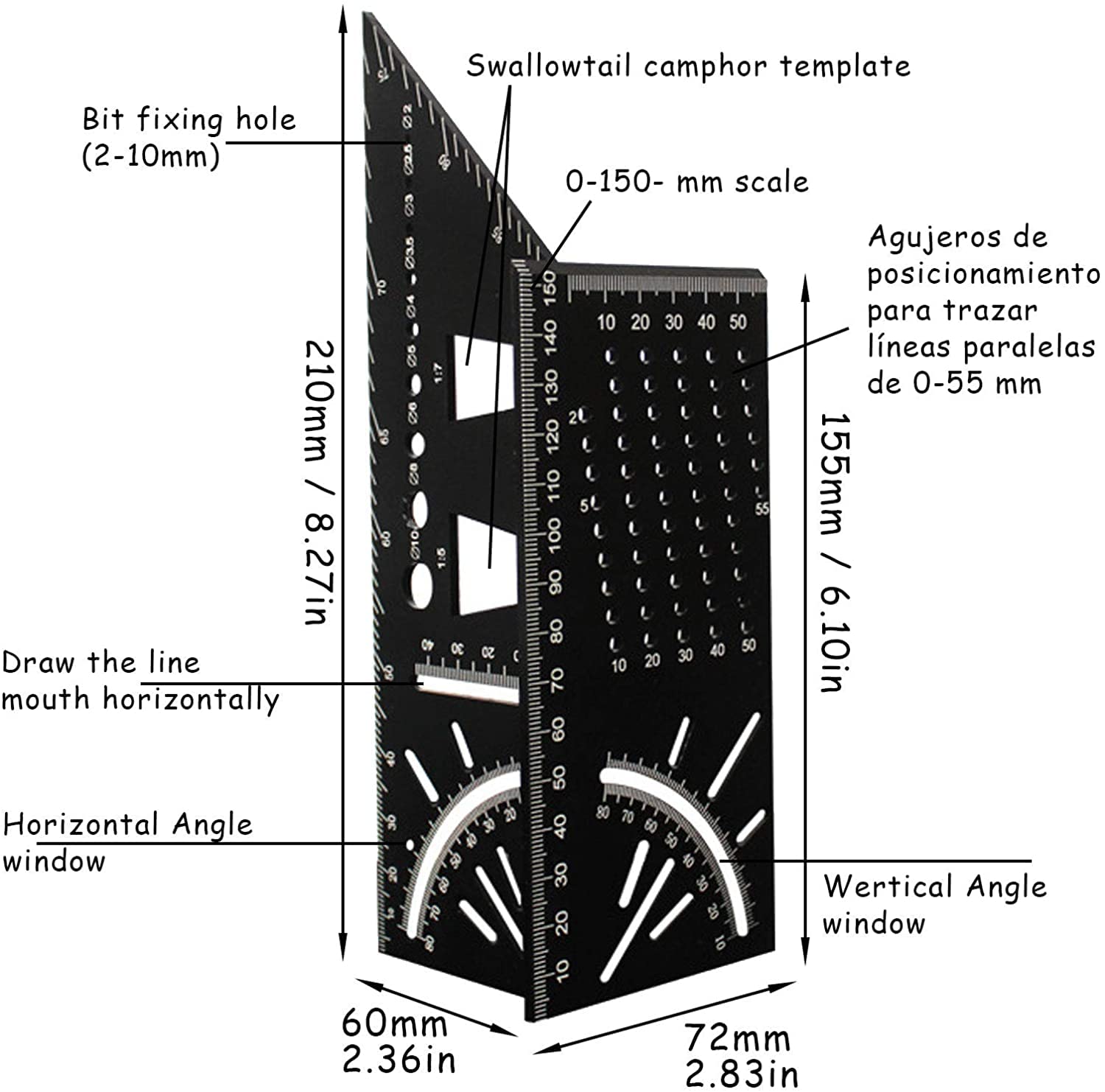 Multi Angle Measuring Ruler, Woodworking Square Size Measure Ruler, Aluminum Alloy 3D Mitre Angle Measuring Tool, Multifunctional 45/90 Degree Angle T Ruler Gauge for Engineers Carpenters