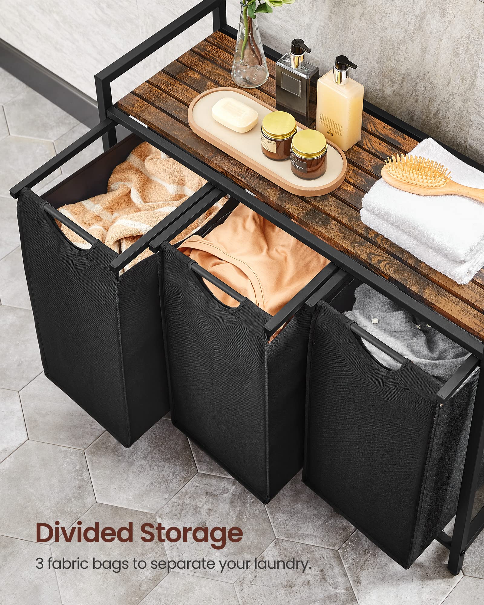 VASAGLE Laundry Hamper, Laundry Basket, 3 × 38L Laundry Sorter with 3 Bags, 1 Storage Shelf, Rustic Brown and Black UBLH301B01
