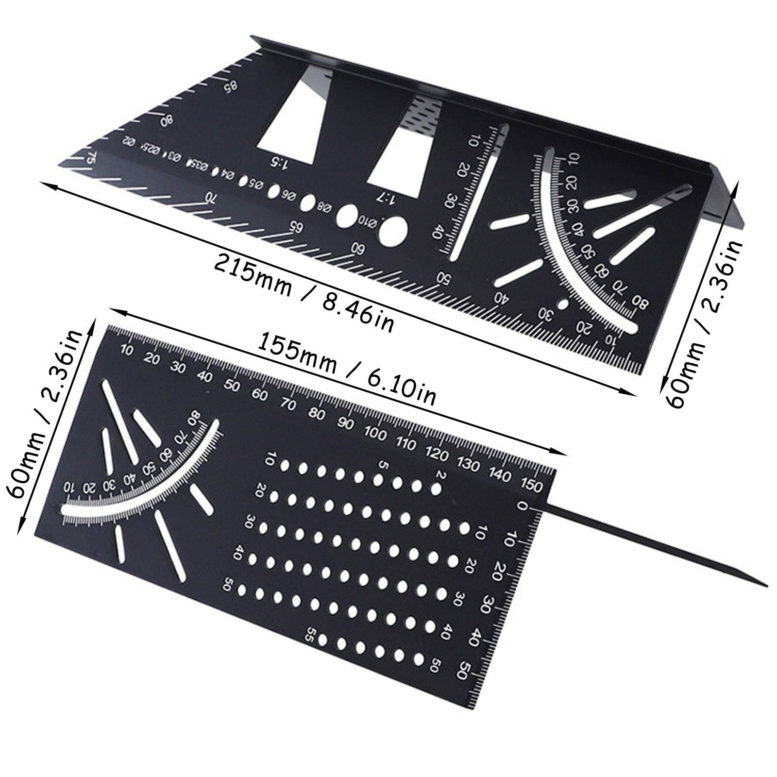 Multi Angle Measuring Ruler, Woodworking Square Size Measure Ruler, Aluminum Alloy 3D Mitre Angle Measuring Tool, Multifunctional 45/90 Degree Angle T Ruler Gauge for Engineers Carpenters
