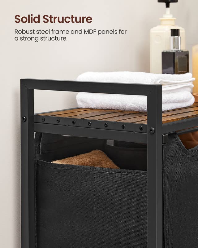 VASAGLE Laundry Hamper, Laundry Basket, 3 × 38L Laundry Sorter with 3 Bags, 1 Storage Shelf, Rustic Brown and Black UBLH301B01