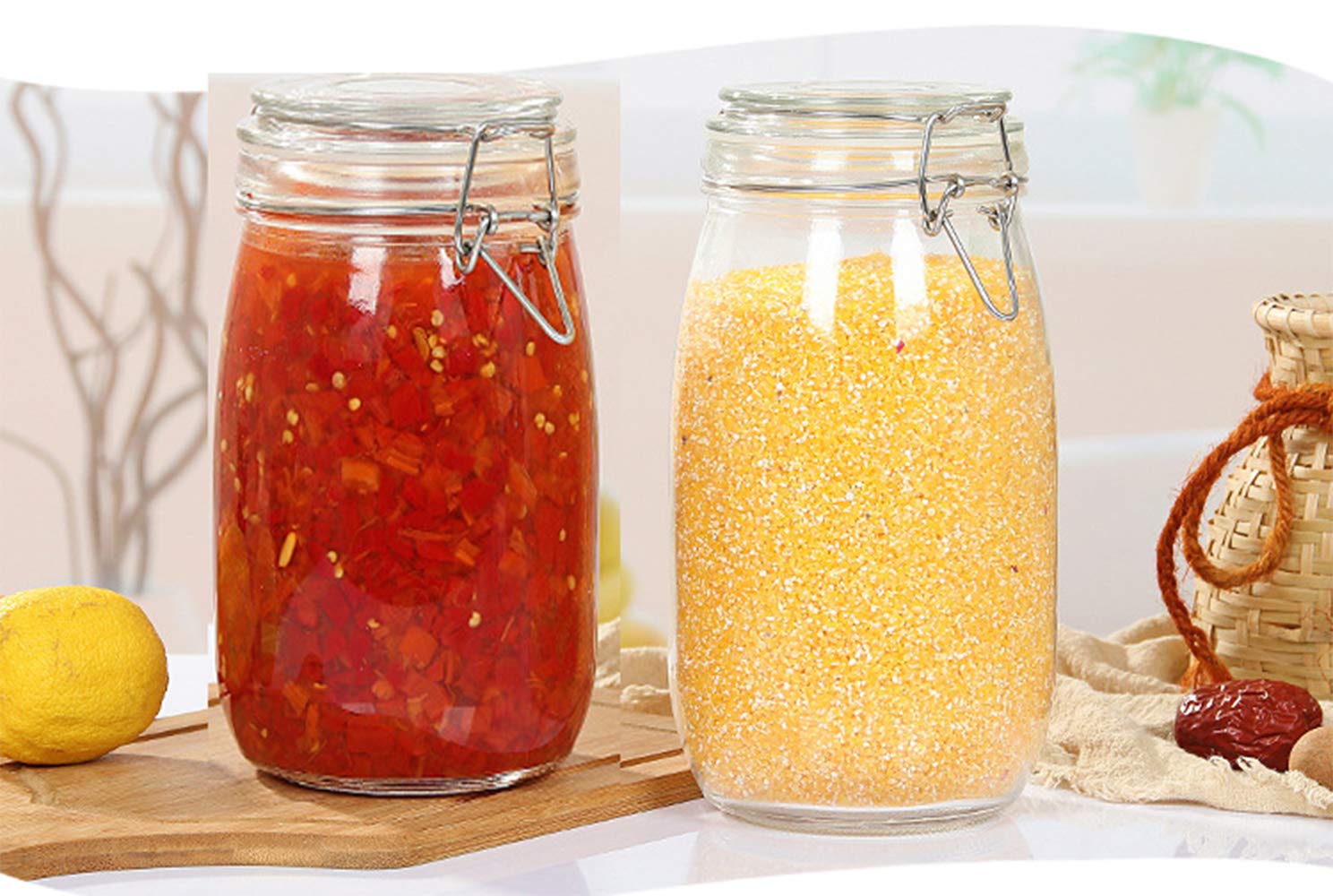Lawei 4 Pack Plastic Mason Jars with Hinged Lids - 55 Oz Airtight Storage Canister Wide Mouth Kitchen Food Storage Jar for Sugar, Flour, Cereal, Coffee, Pasta, Cookies and Canning