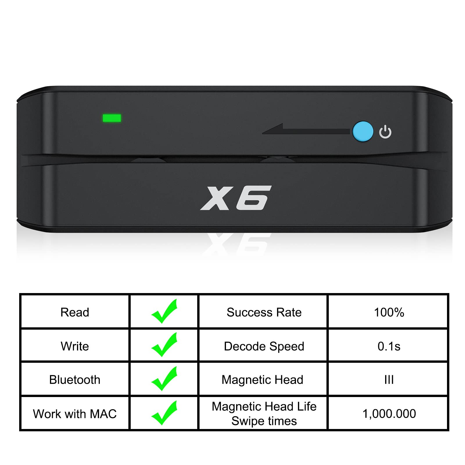 X6 BT Bluetooth Magnetic VIP Card Reader Writer USB 3 Tracks Swipe Encoder [Upgraded Black Version]