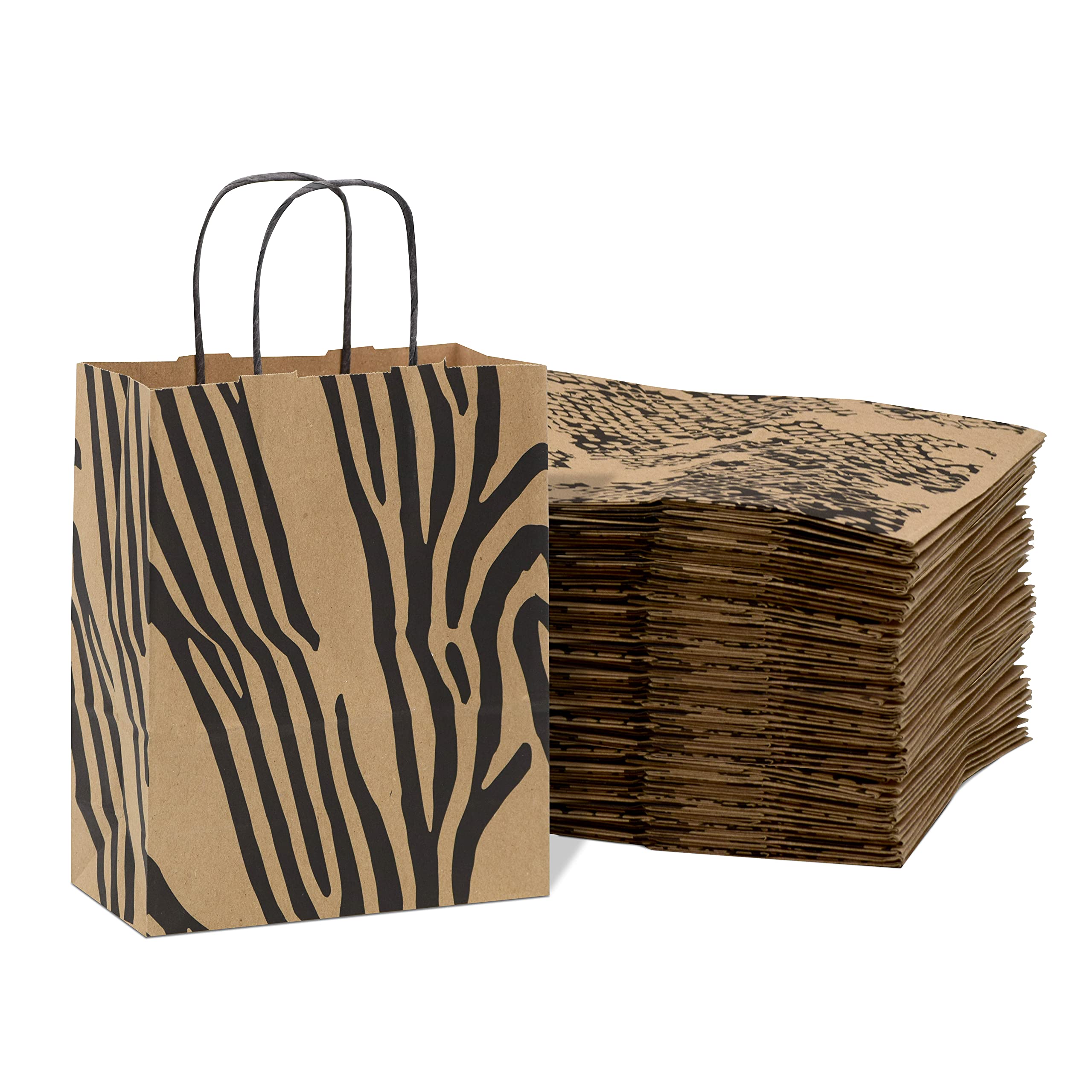 Brown Paper Gift Bags - 10x5x13 Inch 50 Pack Brown Animal Print Medium Bags with Handles, Cheetah, Zebra, Leopard, for Shopping, Groceries, Small Business, Retail, Take-Out, Merchandise, Parties, Events