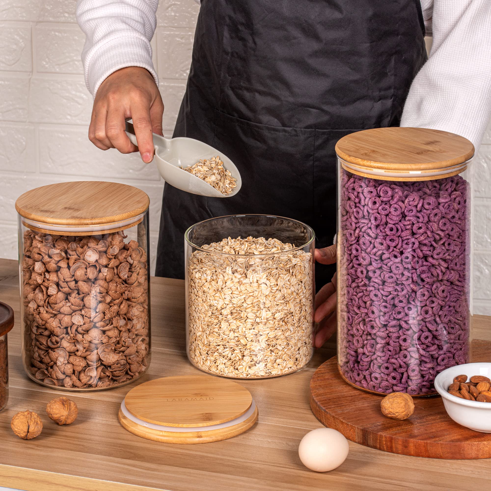 Laramaid 73oz 2Pack Glass Jar Canisters with Minimalist Labels, Round Pantry Jars with Bamboo Lids, Vinyl Customized Labels and White Pen, Food Storage Containers for Home, Kitchen and Pantry