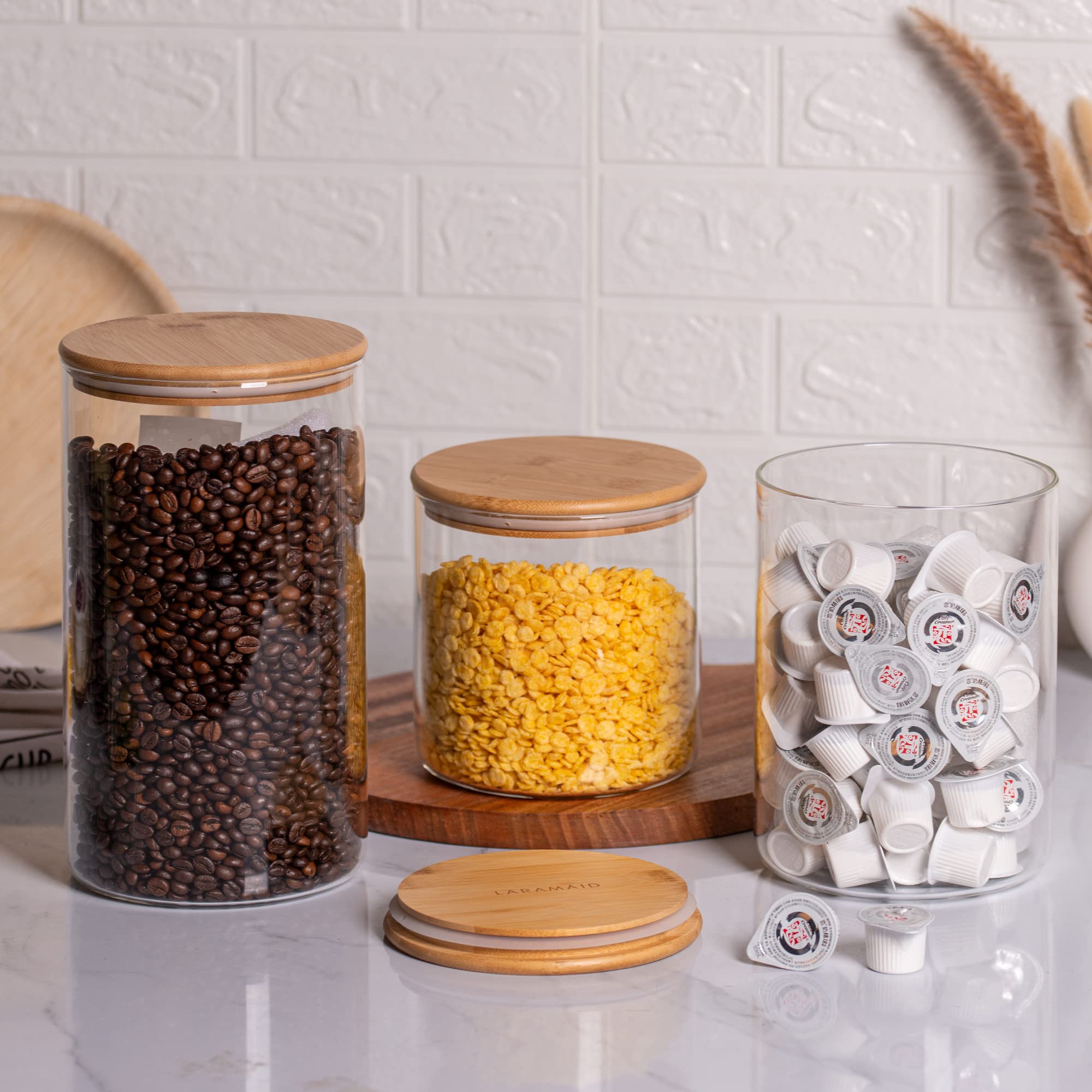 Laramaid 73oz 2Pack Glass Jar Canisters with Minimalist Labels, Round Pantry Jars with Bamboo Lids, Vinyl Customized Labels and White Pen, Food Storage Containers for Home, Kitchen and Pantry