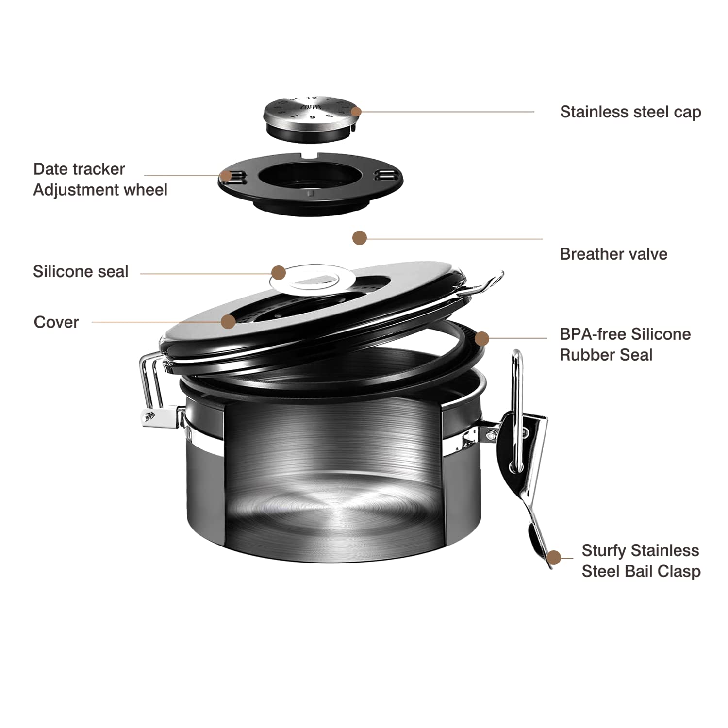 malmo Coffee Canister,Airtight Coffee Container with Date Tracker Lid, Stainless Steel Canister for Kitchen Food Storage 9oz, Black (22, Cylinder, 1, KF) (GY 9oz)