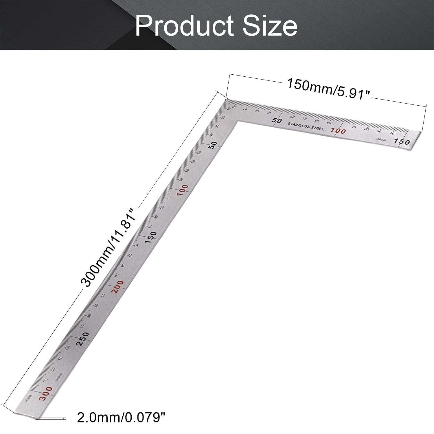 Jutagoss 150mmx300mm/(6"x12") Thickened High-end Square Stainless Steel Framing Square Right Angle Ruler Thicken Try Square Ruler Tools for Carpenter Engineer 1Pcs