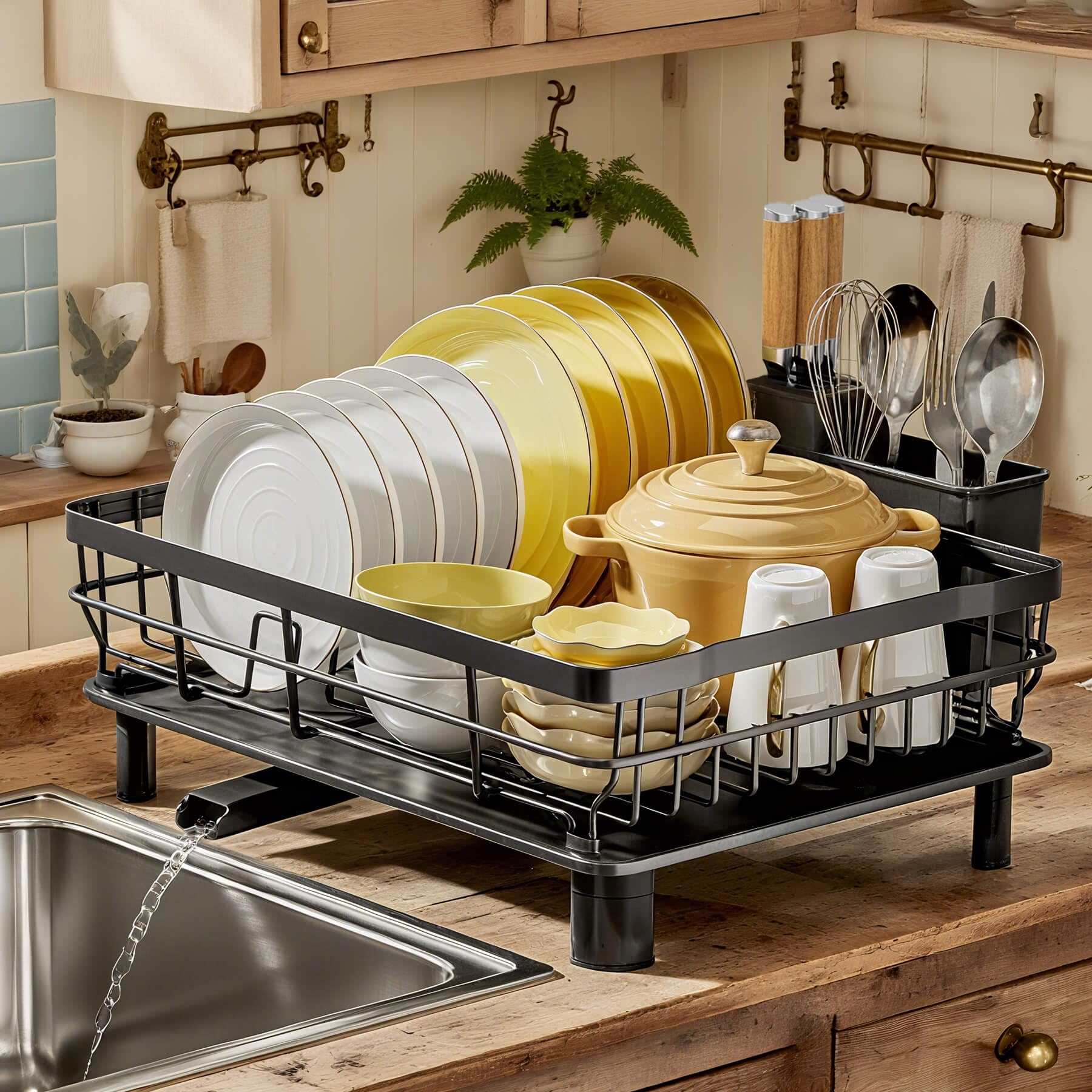MOUKABAL Dish Drying Rack, Dish Rack,Dish Racks for Kitchen Counter,Dish Drainer with Removable Utensil Holder,Dish Drying Rack with Drainboard and Swivel Spout(Black)