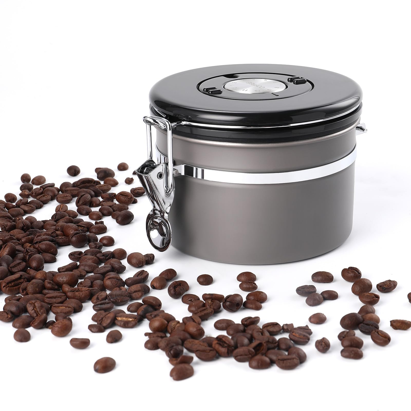 malmo Coffee Canister,Airtight Coffee Container with Date Tracker Lid, Stainless Steel Canister for Kitchen Food Storage 9oz, Black (22, Cylinder, 1, KF) (GY 9oz)