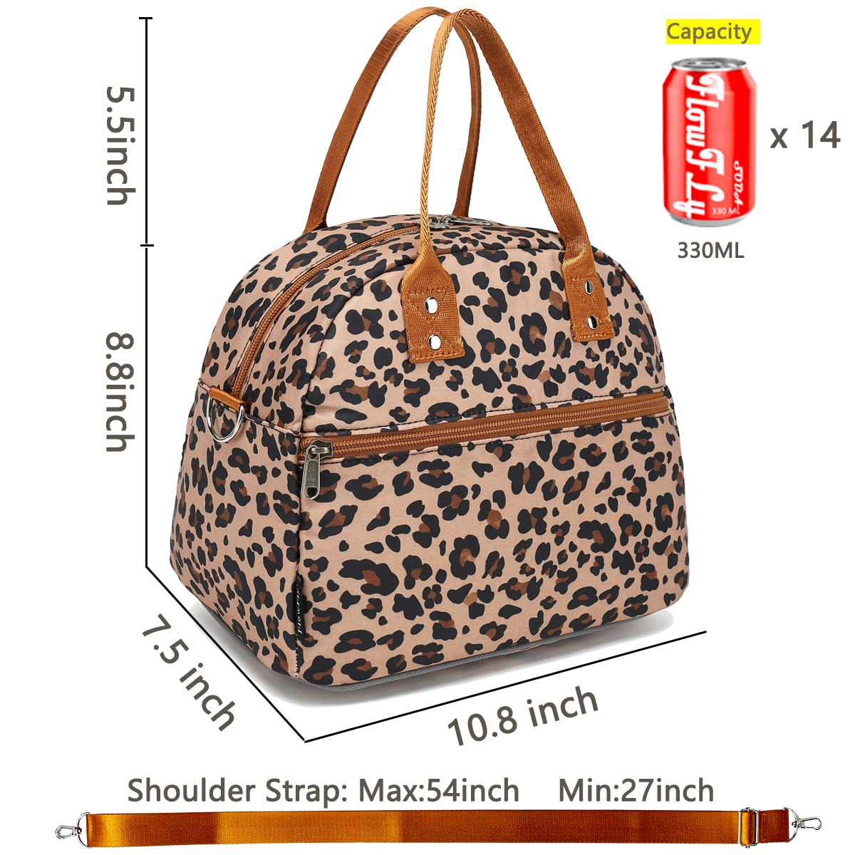 FlowFly Insulated Lunch Bag With Shoulder Strap for Women, Men, and Kids, Large and Reusable, Handle, Freezable Work and School Travel Tote and Meal Prep Organizer,Leapard