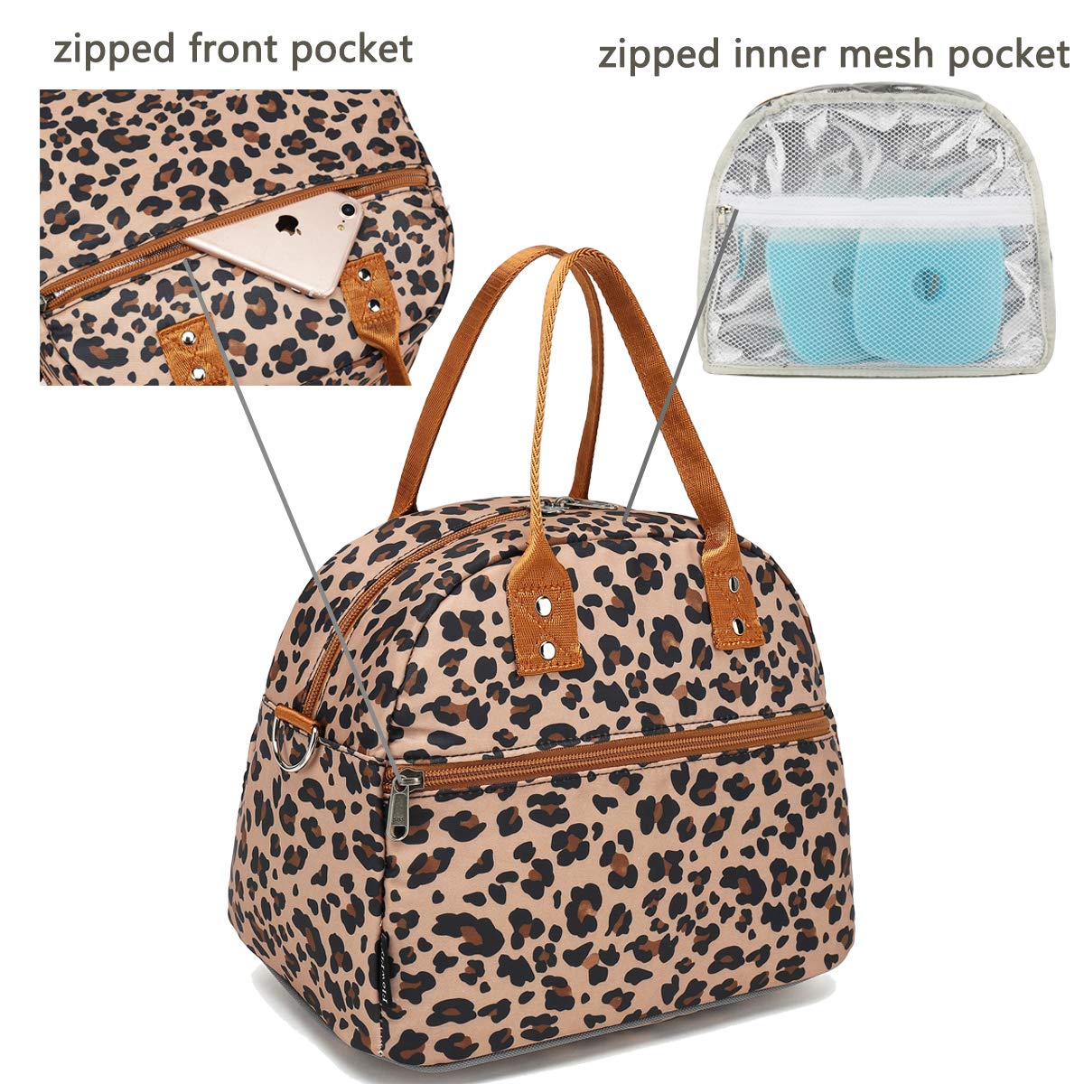 FlowFly Insulated Lunch Bag With Shoulder Strap for Women, Men, and Kids, Large and Reusable, Handle, Freezable Work and School Travel Tote and Meal Prep Organizer,Leapard