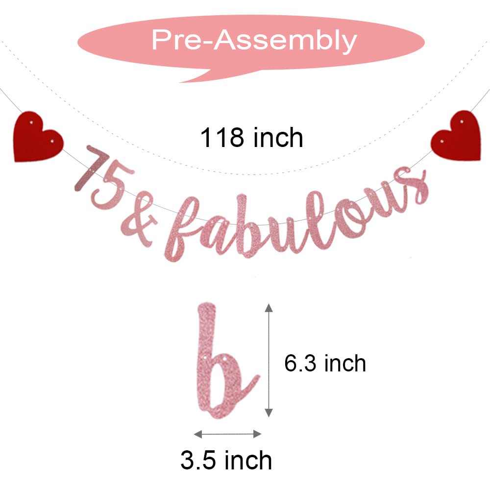 WEIANDBO 75 & Fabulous Rose Gold Glitter Banner,Pre-Strung,75TH Birthday / Wedding Anniversary Party Decorations Bunting Sign Backdrops,75 & fabulous