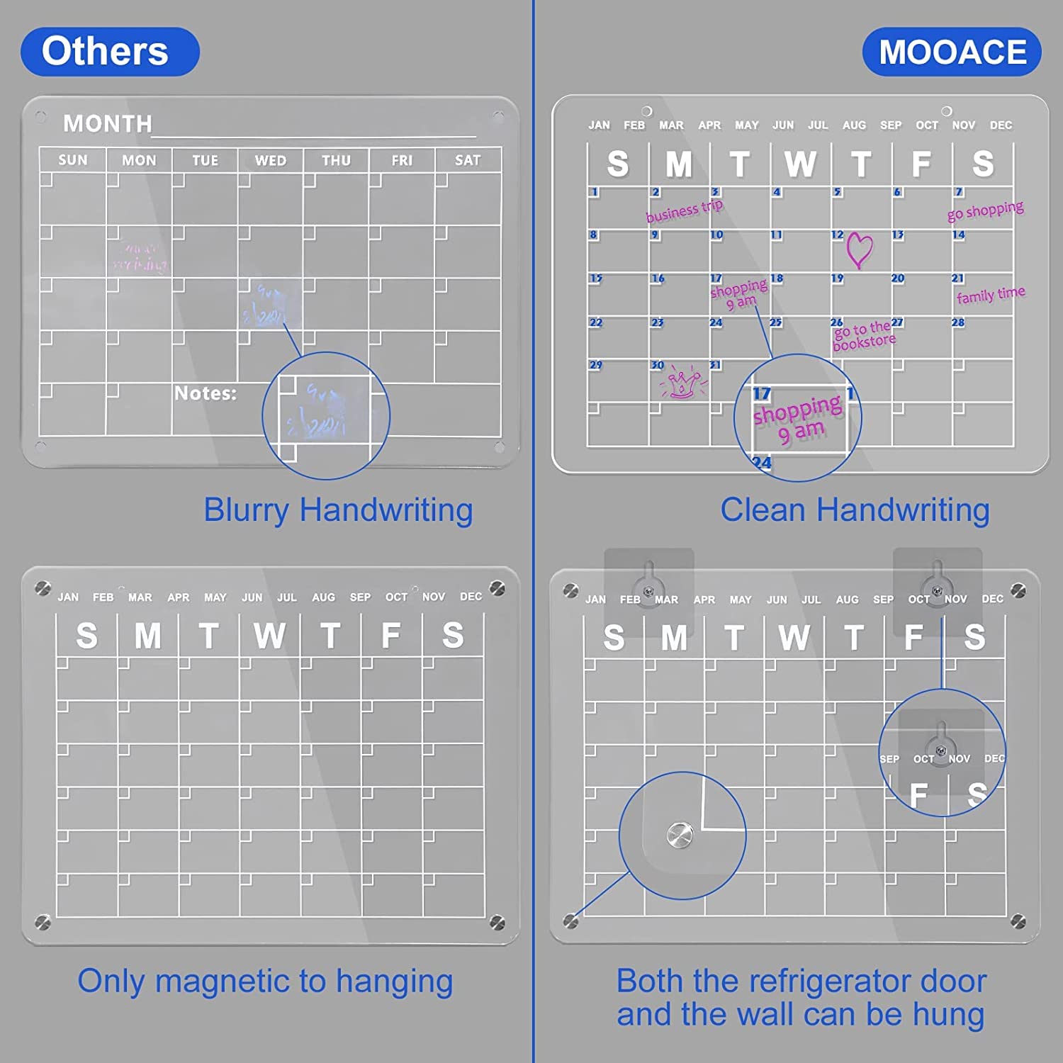 Acrylic Magnetic Dry Erase Board,MOOACE Adhesive Calendar Planner Board for Fridge and Wall Set of 2,Includes 6 Magnetic Markers with 3 Colors,Pen Holder,Clean Cloth and Self Adhesive Wall Hooks
