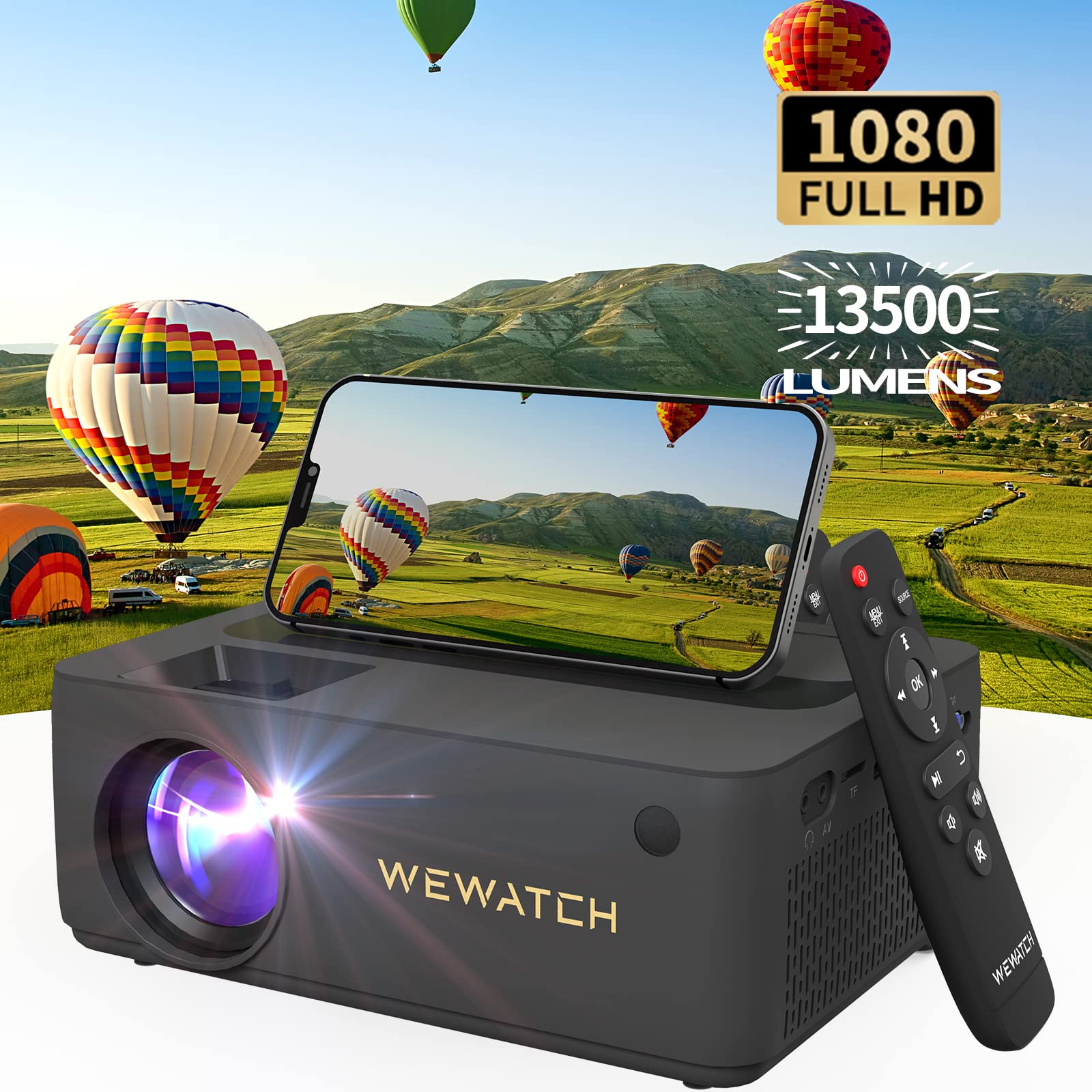 WiFi Bluetooth Projector, WEWATCH Native 1080P Mini Portable Projector, 260" Screen and 5W Speaker, Movie Projector for Outdoor Compatible with TV Stick, HDMI, iOS Android