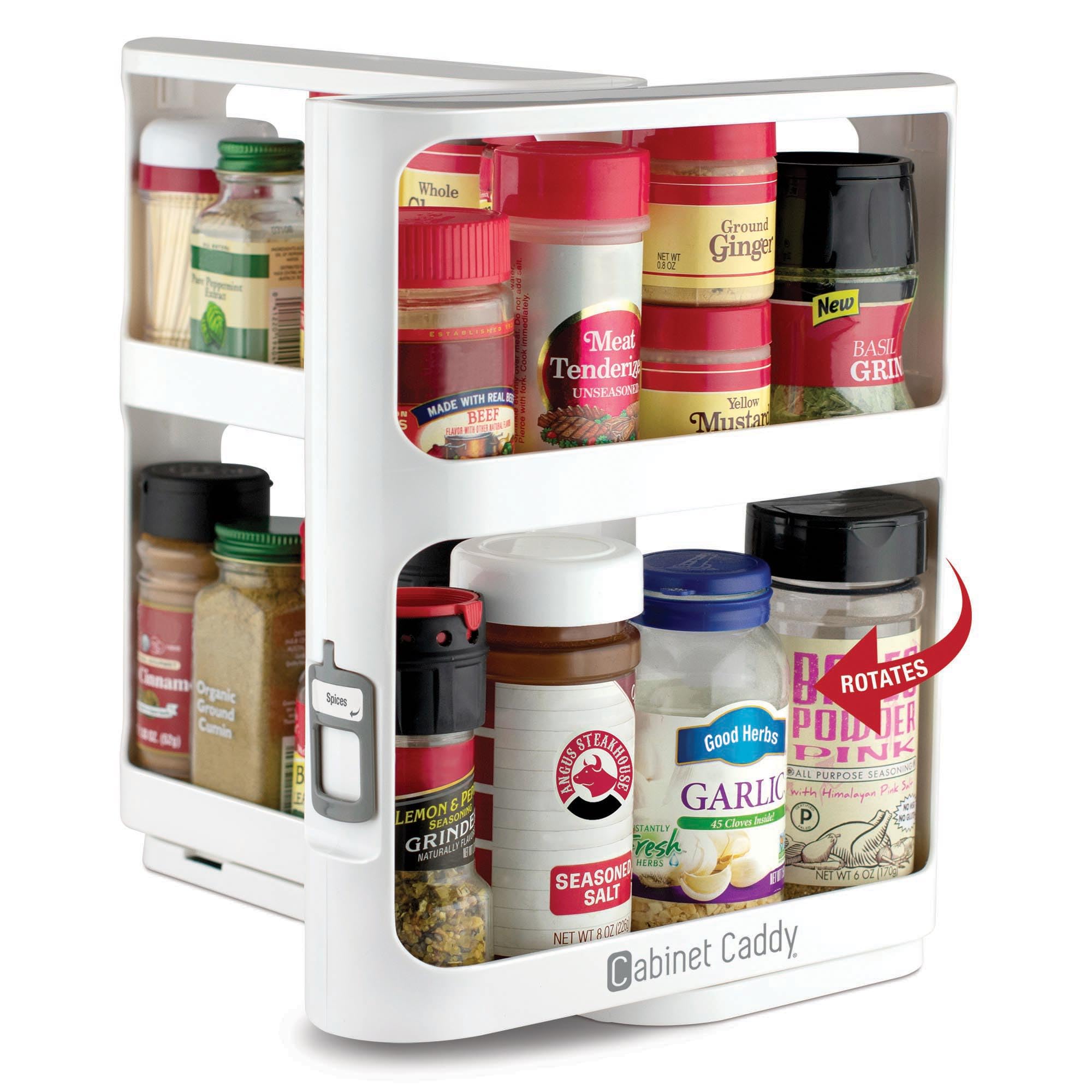 Cabinet Caddy (White) | Pull-and-Rotate Spice Rack Organizer | 2 Double-Decker Shelves | Modular Design | Non-Skid Base | Stores Prescriptions, Essential Oils | 10.8"H x 5.75"W x 10.8"D