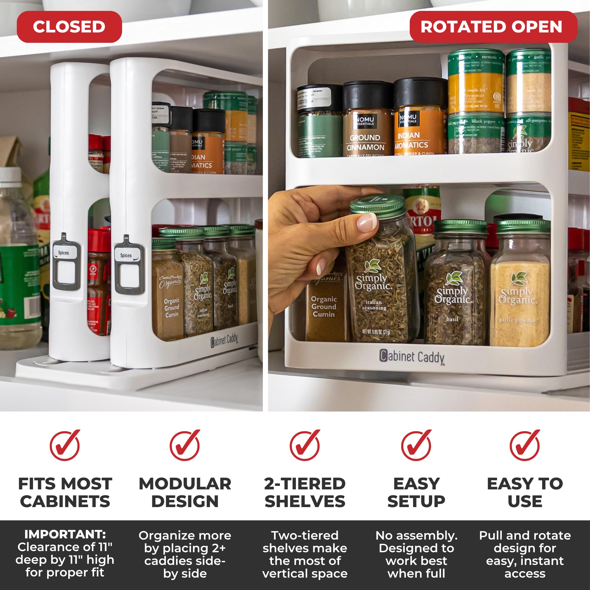 Cabinet Caddy (White) | Pull-and-Rotate Spice Rack Organizer | 2 Double-Decker Shelves | Modular Design | Non-Skid Base | Stores Prescriptions, Essential Oils | 10.8"H x 5.75"W x 10.8"D