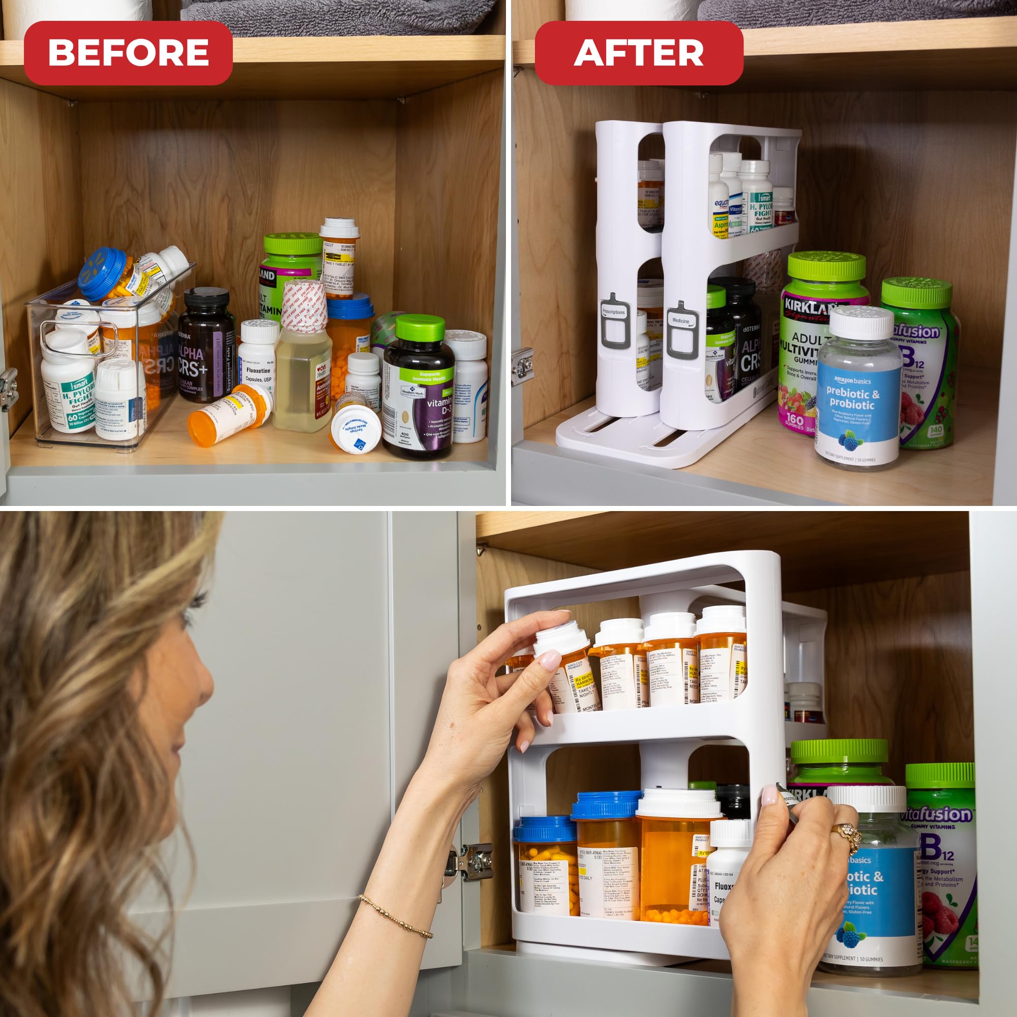 Cabinet Caddy (White) | Pull-and-Rotate Spice Rack Organizer | 2 Double-Decker Shelves | Modular Design | Non-Skid Base | Stores Prescriptions, Essential Oils | 10.8"H x 5.75"W x 10.8"D