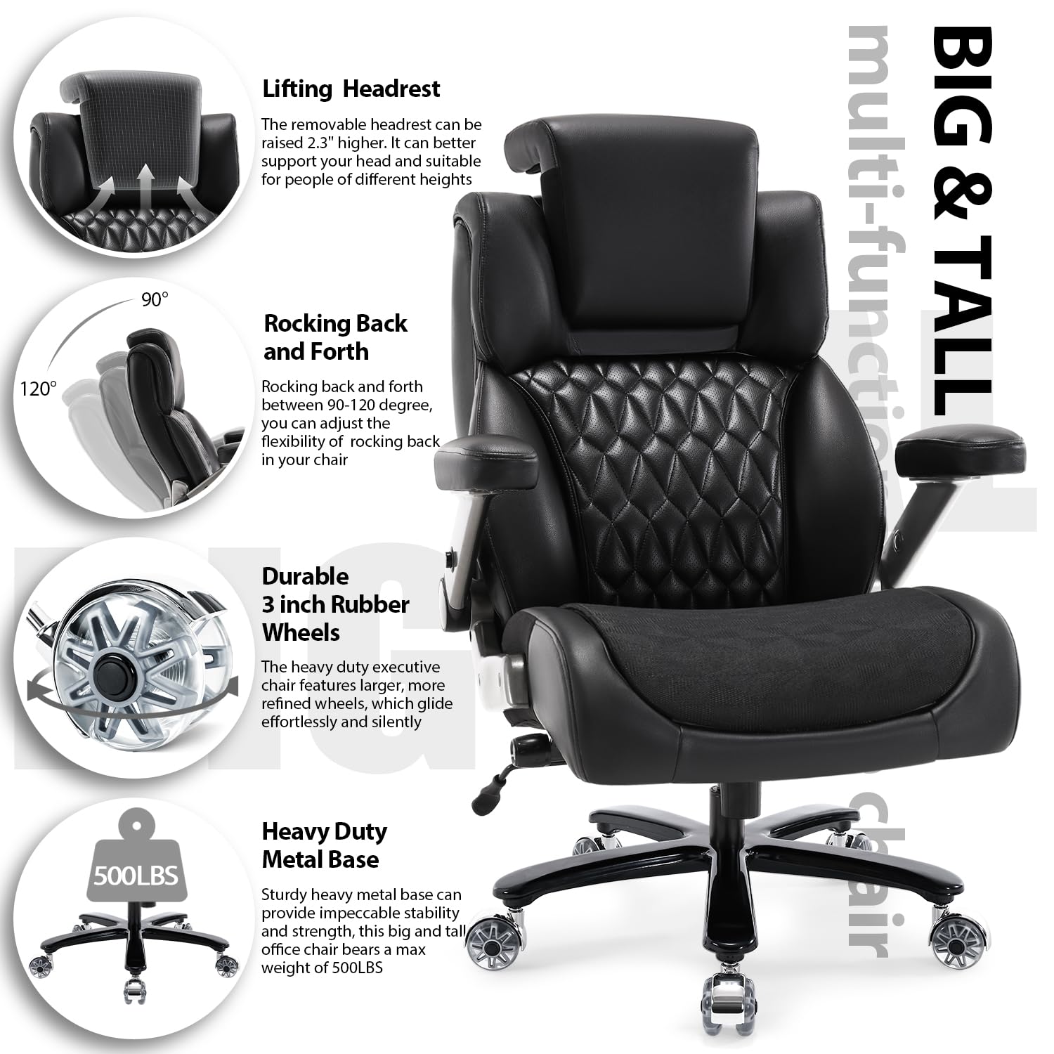 Big and Tall Office Chair 400lb- Adjustable Lumbar Support, Heavy Duty Metal Base, High Back Large Executive Office Chair, Computer Desk Chair Ergonomic Design for Back Pain, Black