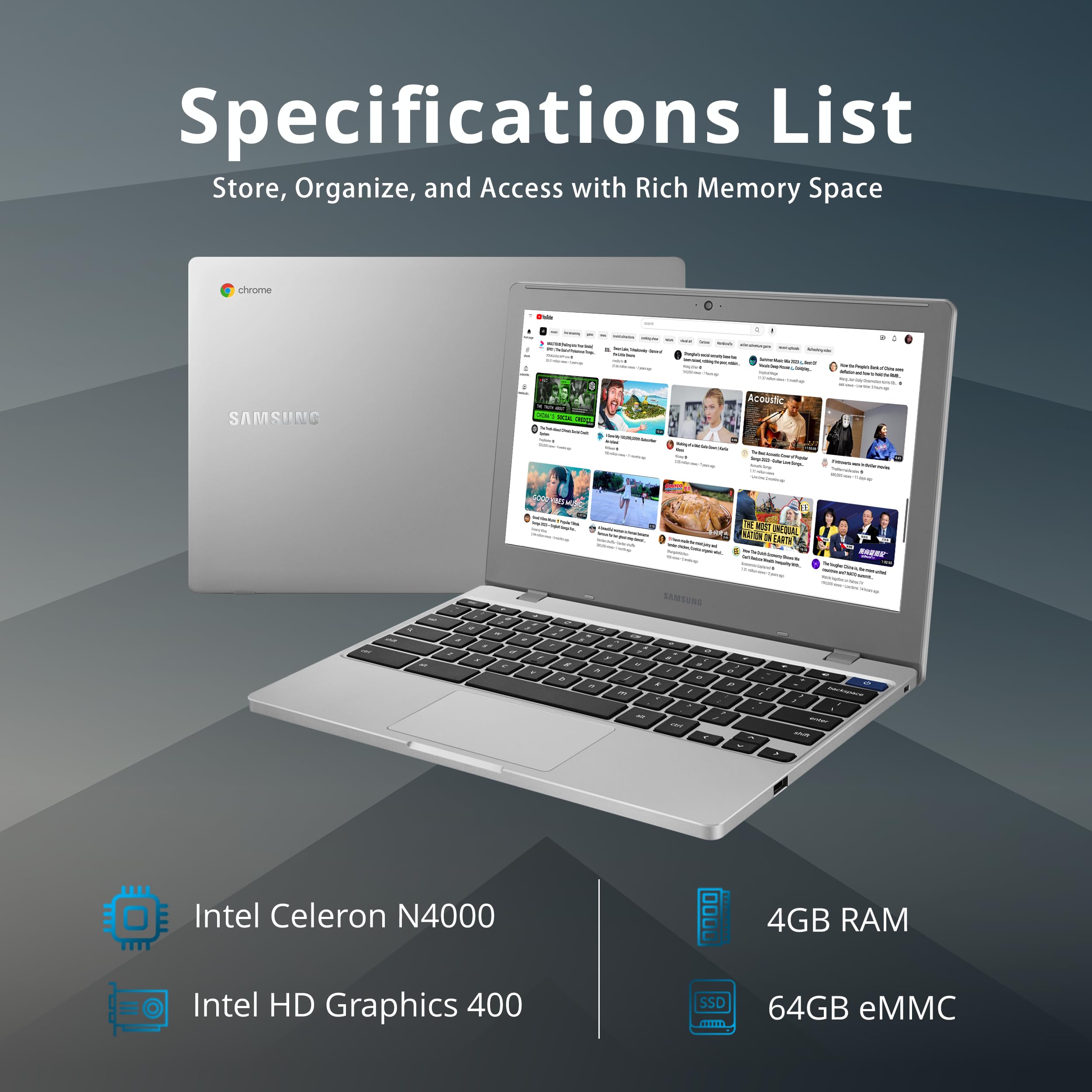 SAMSUNG Galaxy Chromebook 4 11.6” 64GB Laptop Computer w/ 4GB RAM, Gigabit WiFi, HD Intel Celeron Processor, Compact Design, Military Grade Durability, US Version, Silver