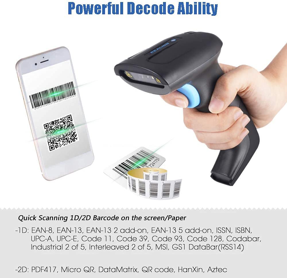 REALINN Wireless 2D QR Barcode Scanner Rechargeable Automatic Hanheld Code Reader Dustproof Waterproof Shockproof Fast and Precide for Mobile Payment, Store, Supermarket, Warehouse