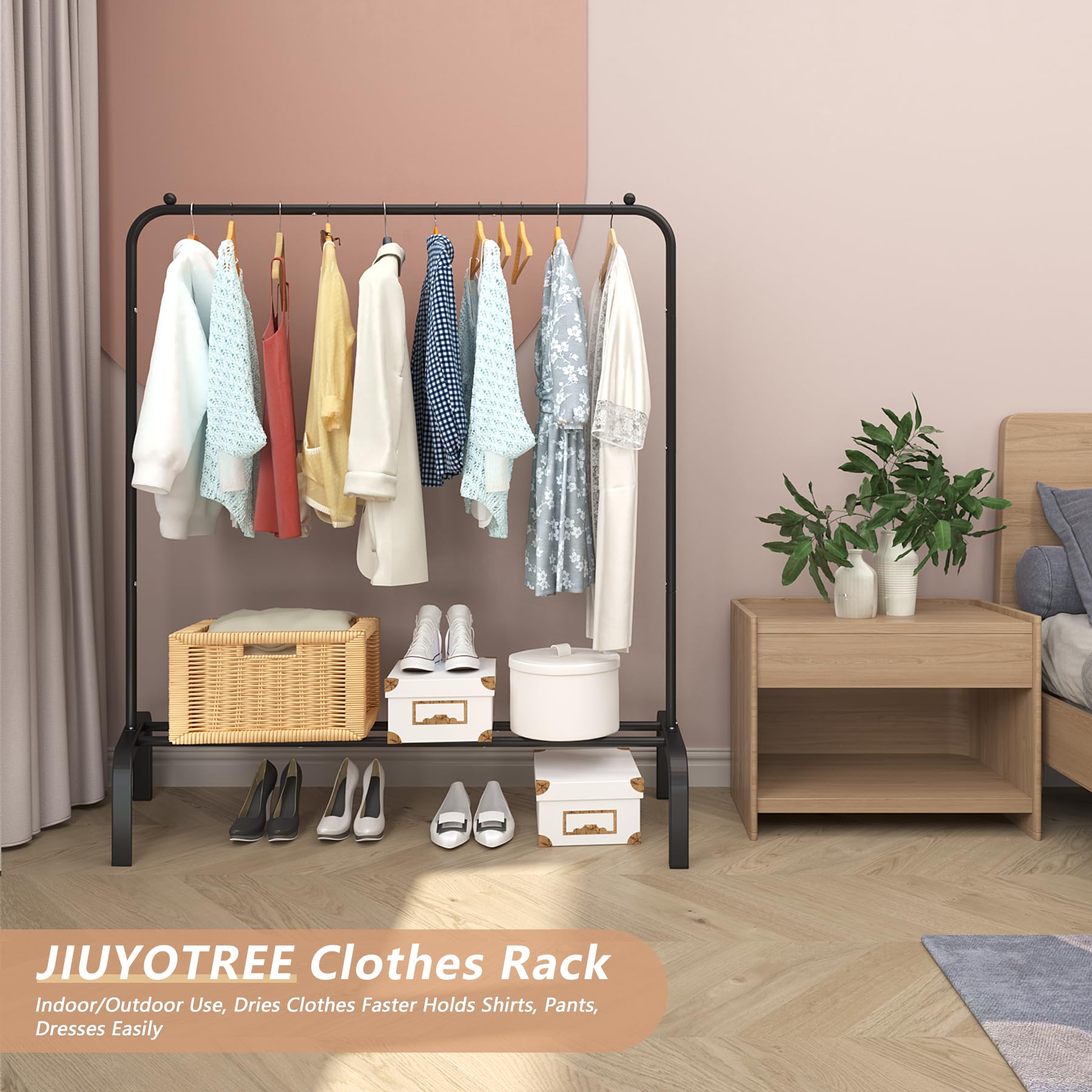 JIUYOTREE Metal Clothing Rack, 43.3 Inches Clothes Garment Coat Rack with Bottom Shelf, Clothing Rack for Hanging Clothes, Coats, Skirts, Shirts, Sweaters, Black