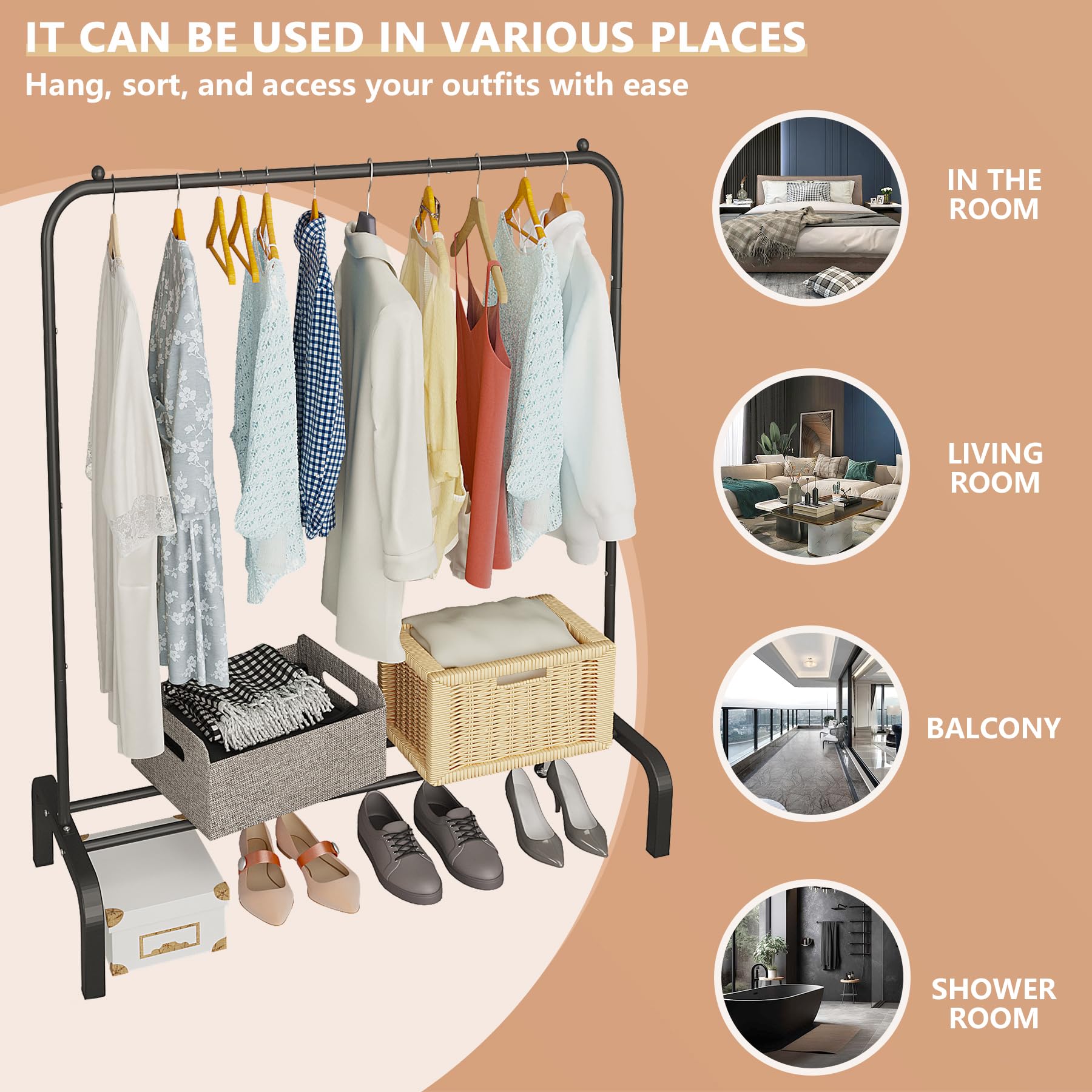 JIUYOTREE Metal Clothing Rack, 43.3 Inches Clothes Garment Coat Rack with Bottom Shelf, Clothing Rack for Hanging Clothes, Coats, Skirts, Shirts, Sweaters, Black